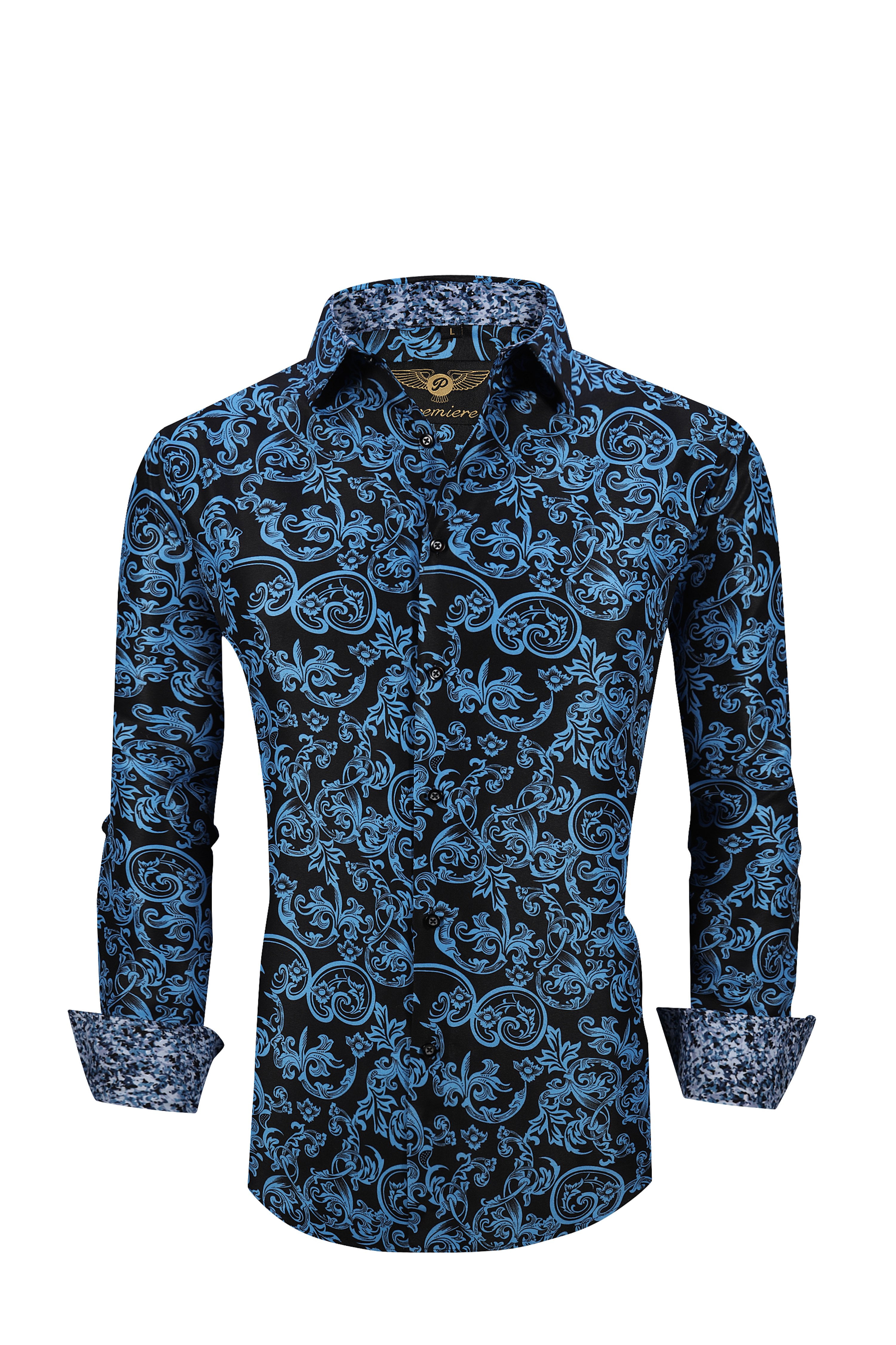 Men PREMIERE Long Sleeve Button Up Dress Shirt Blue Black Paisley - Walmart.com