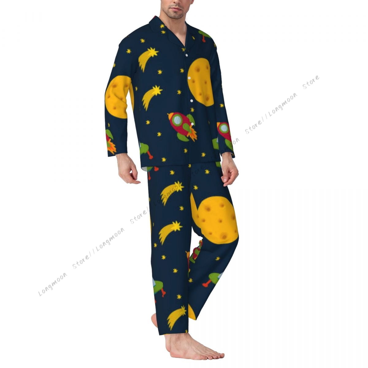 Men Pajama Sets Comic Space With Planets Spaceships Rocket Sleepwear ...