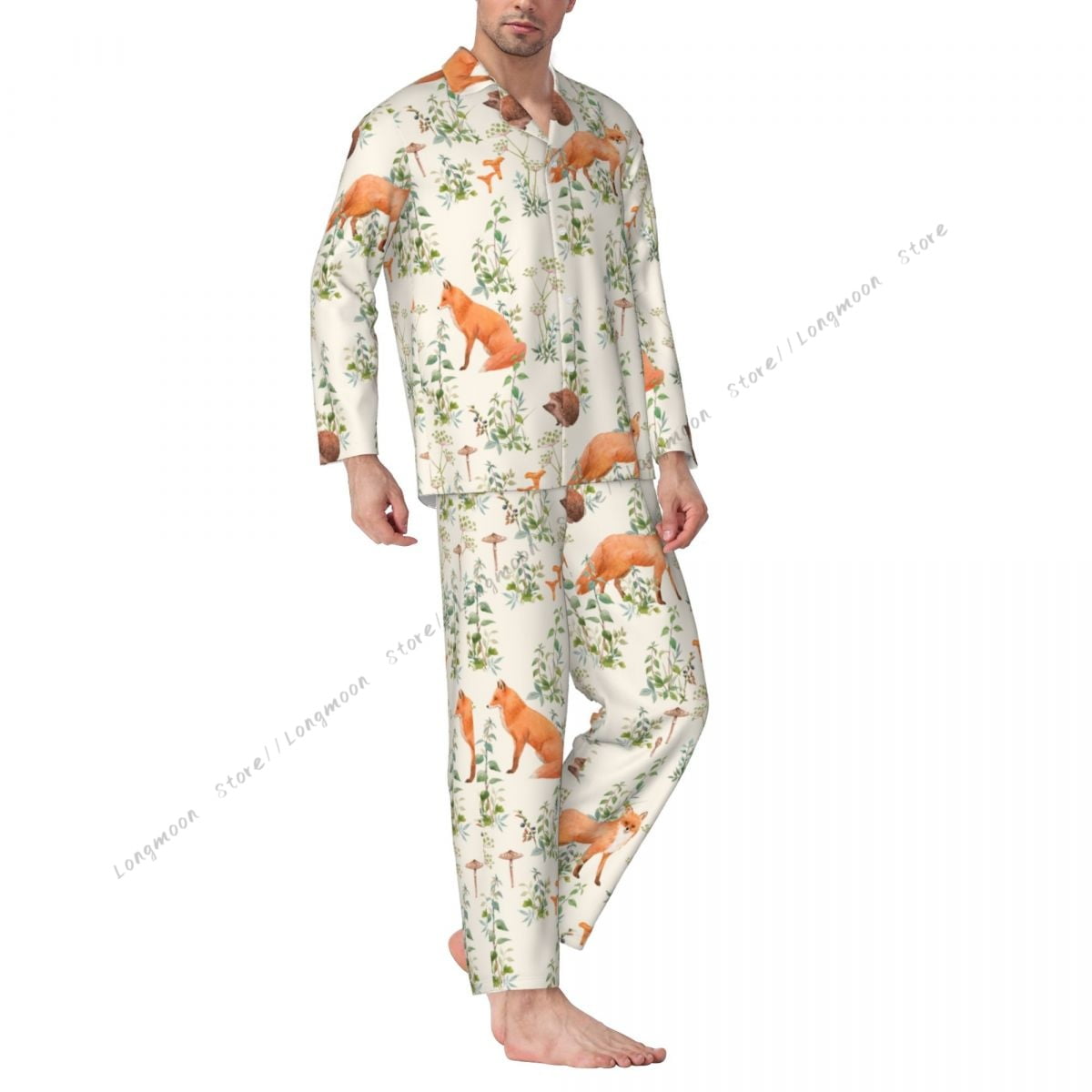 Men Pajama Sets Cute Fox Pattern Sleepwear Long Sleeve Nightwear Male ...