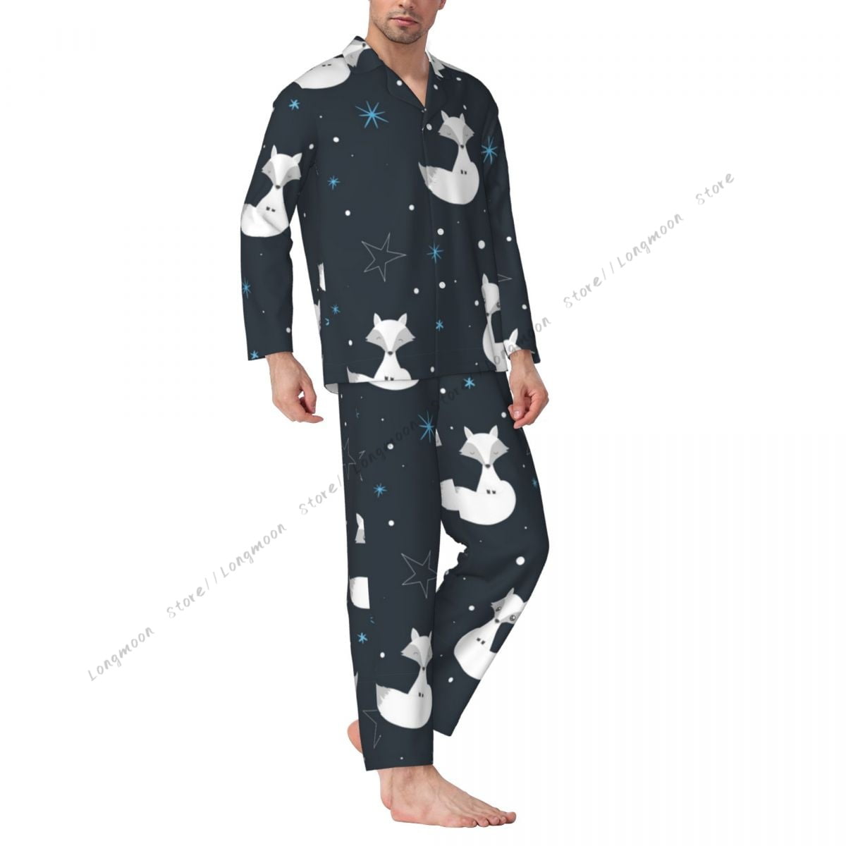 Men Pajama Sets Cute Fox Pattern Sleepwear Long Sleeve Nightwear Male ...