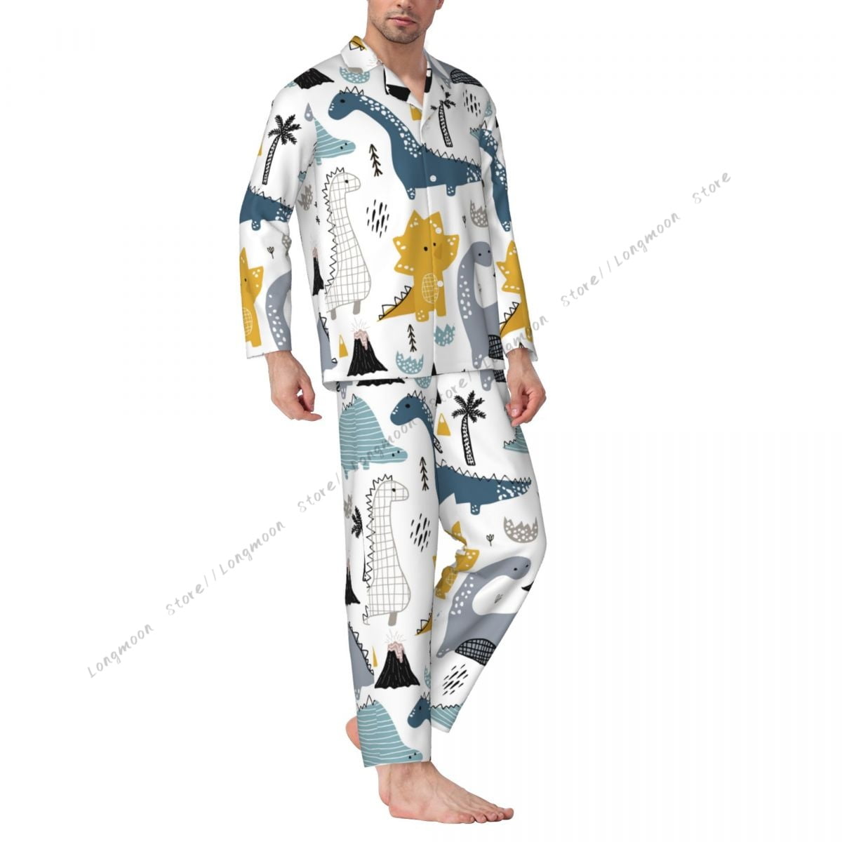 Men Pajama Sets Funny Dinosaurs Sleepwear Long Sleeve Nightwear Male ...