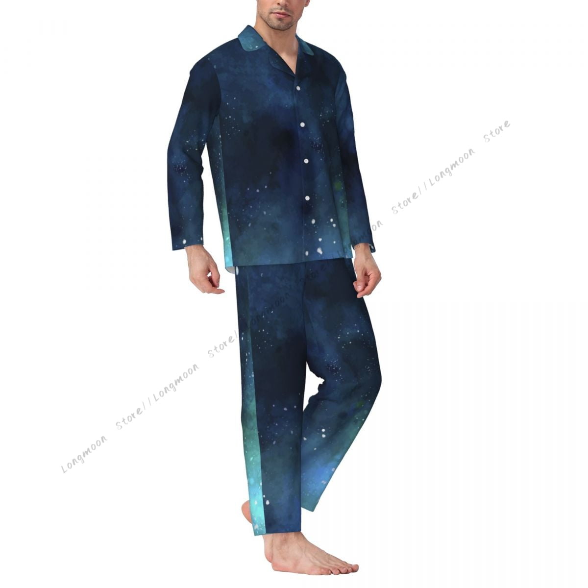 Men Pajama Sets Galaxy Space Stars Sleepwear Long Sleeve Nightwear Male ...