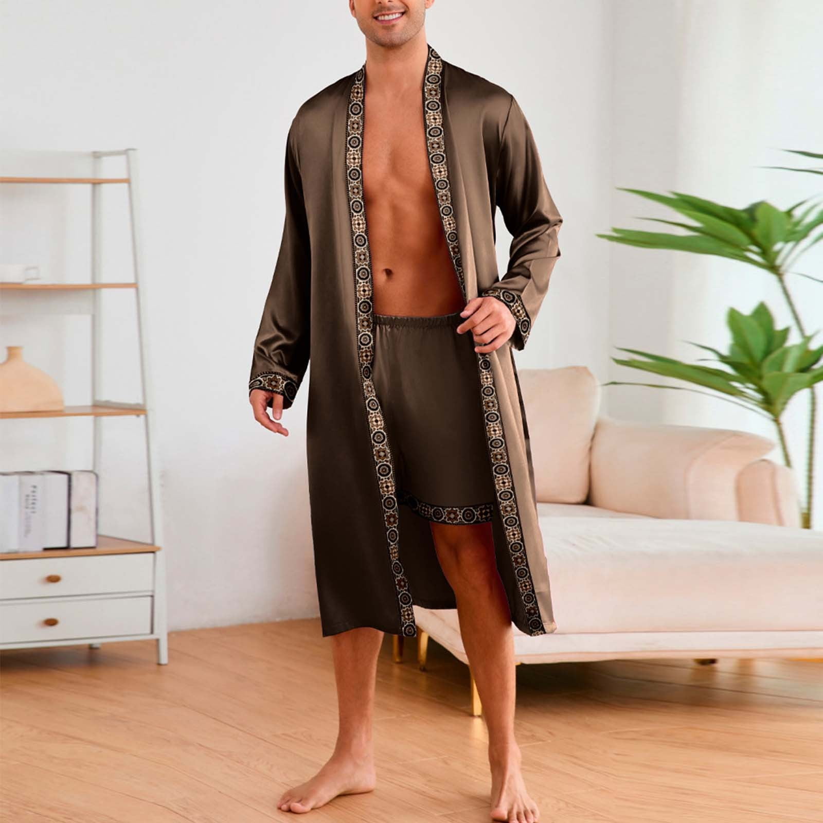 Men Pajama Sets Man Printing Simulation-Silk Home Tie Robe Shorts ...