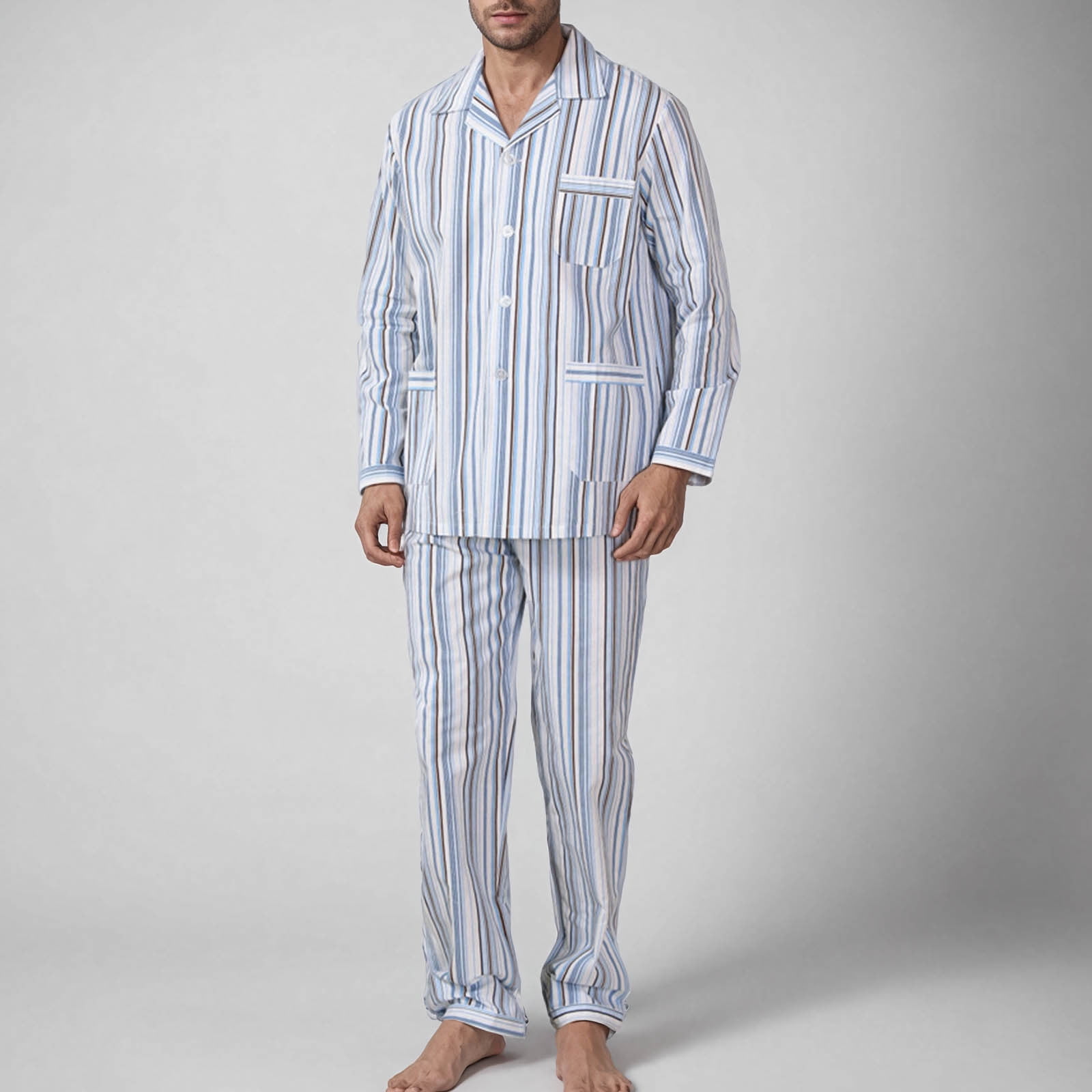 Men Pajama Sets Man Striped Pocket Button Patient Care Gown Long Sleeve ...