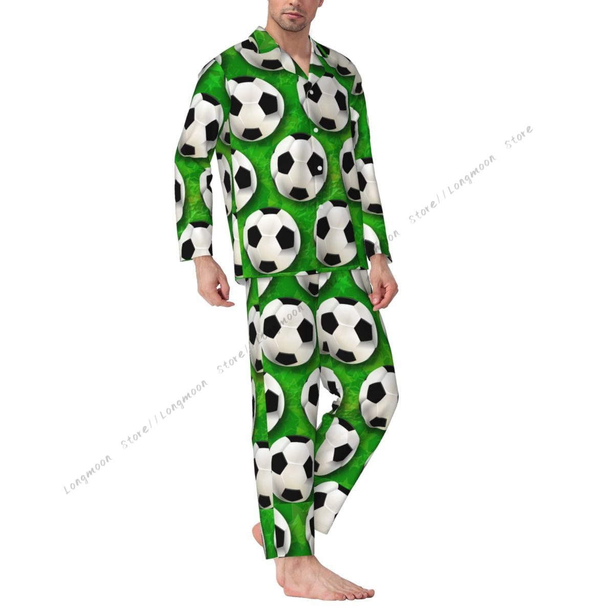 Men Pajama Sets Soccer Ball Pattern Sleepwear For Man Shirt Long Sleeve ...