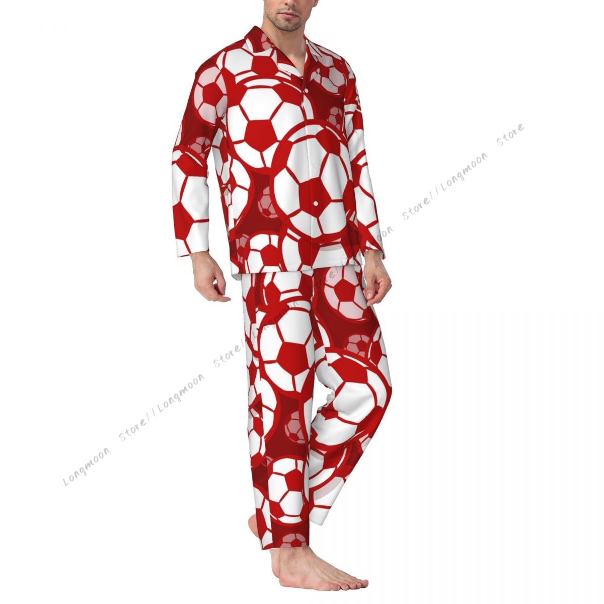 Men Pajama Sets Soccer Balls Sleepwear Long Sleeve Nightwear Male ...