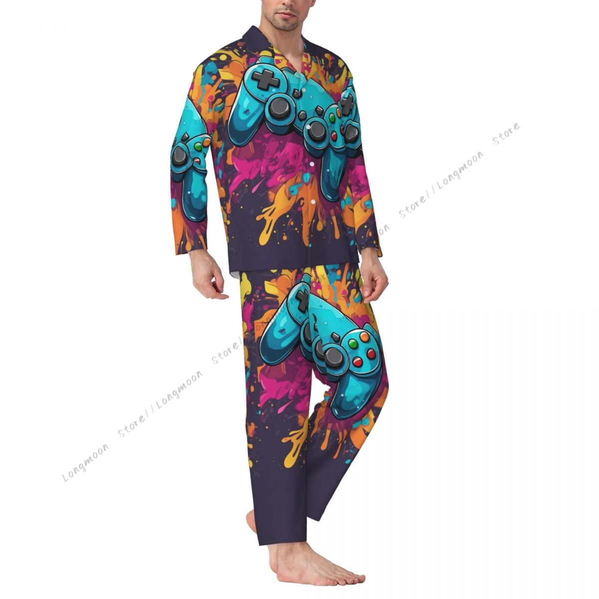 Men Pajama Sets Video Game Controller Illustration Sleepwear Long ...