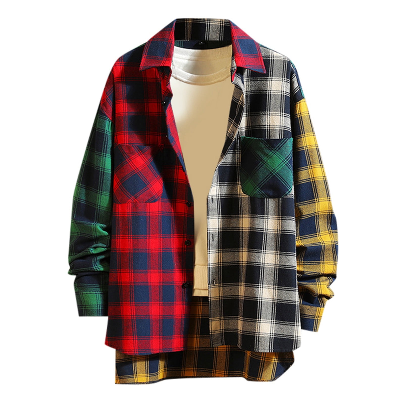 GAQLIVE Men Patchwork Plaid Shirts Casual Turn Down Collar Long Sleeve ...