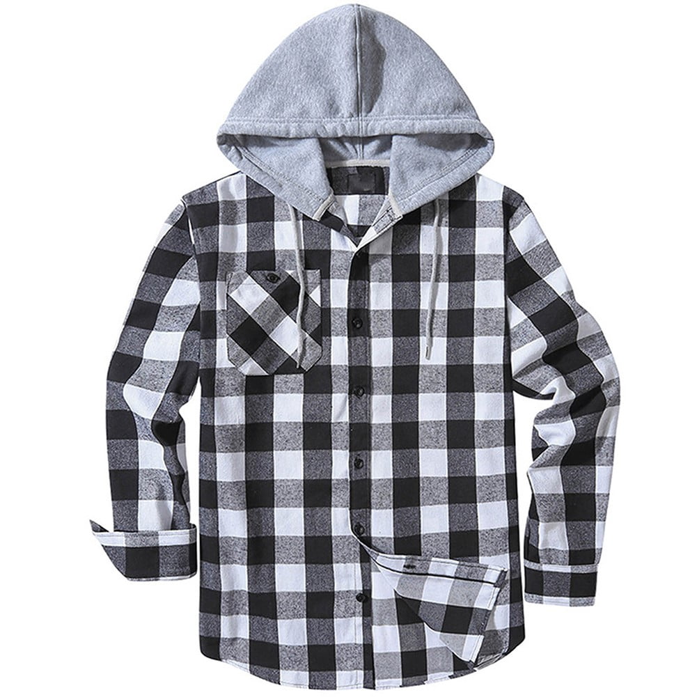 Men Plaid Long Sleeve Hooded Shirts Button Work Drawstring Casual Tops ...