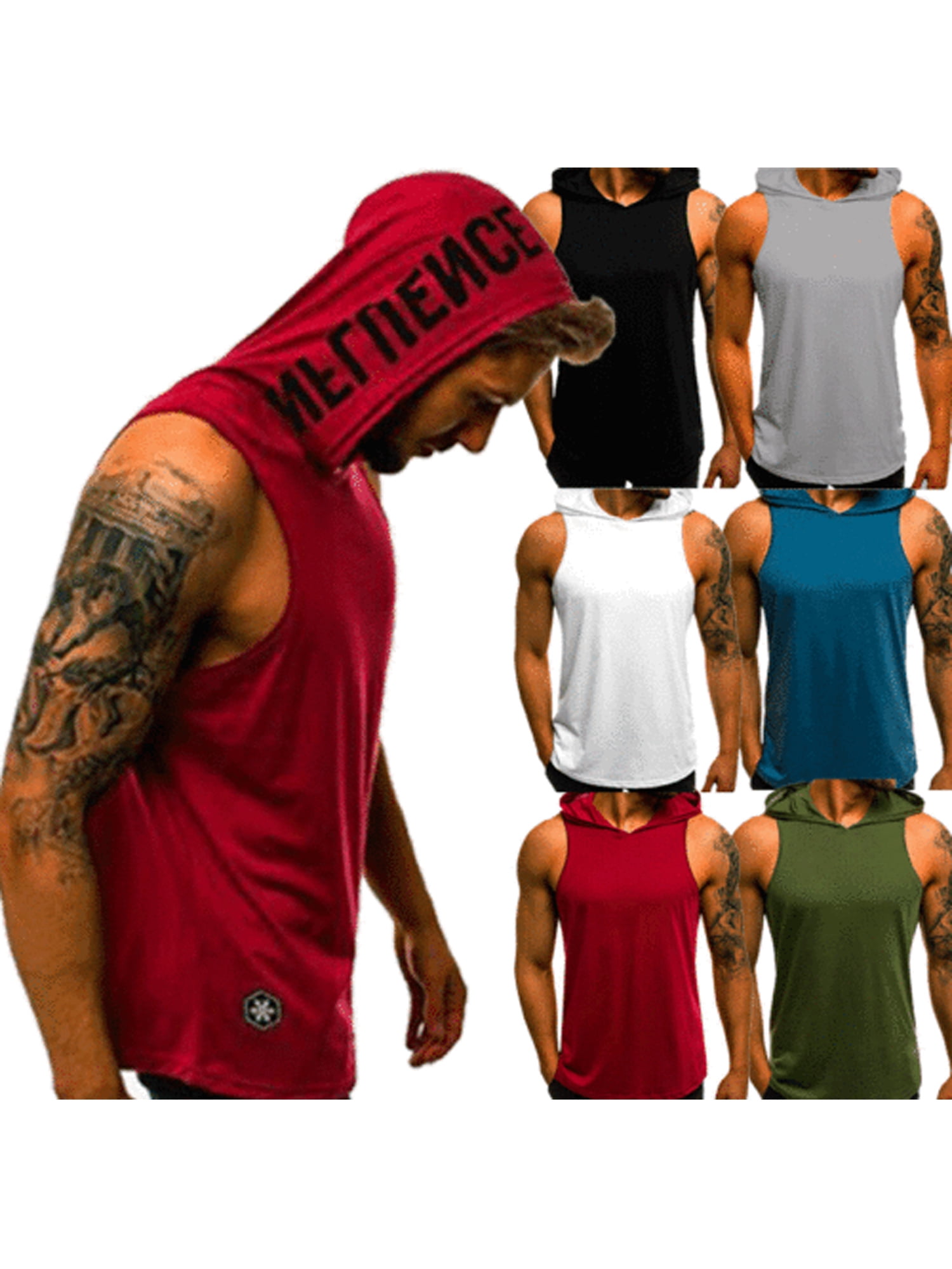 Men Plus Size Workout Hooded Tank Tops Bodybuilding Muscle Cut Off T