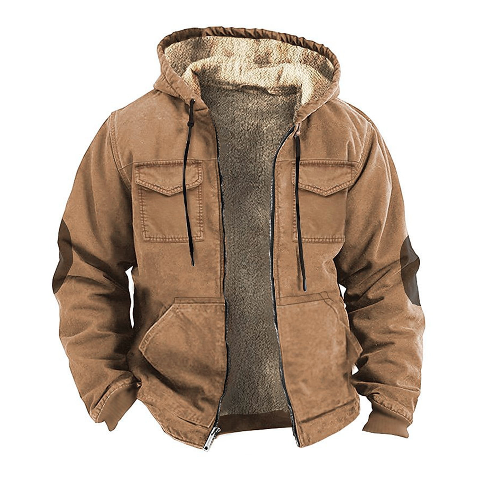 Men Plush Lining Jacket Men's Hooded Thermal Jacket with Drawstring ...