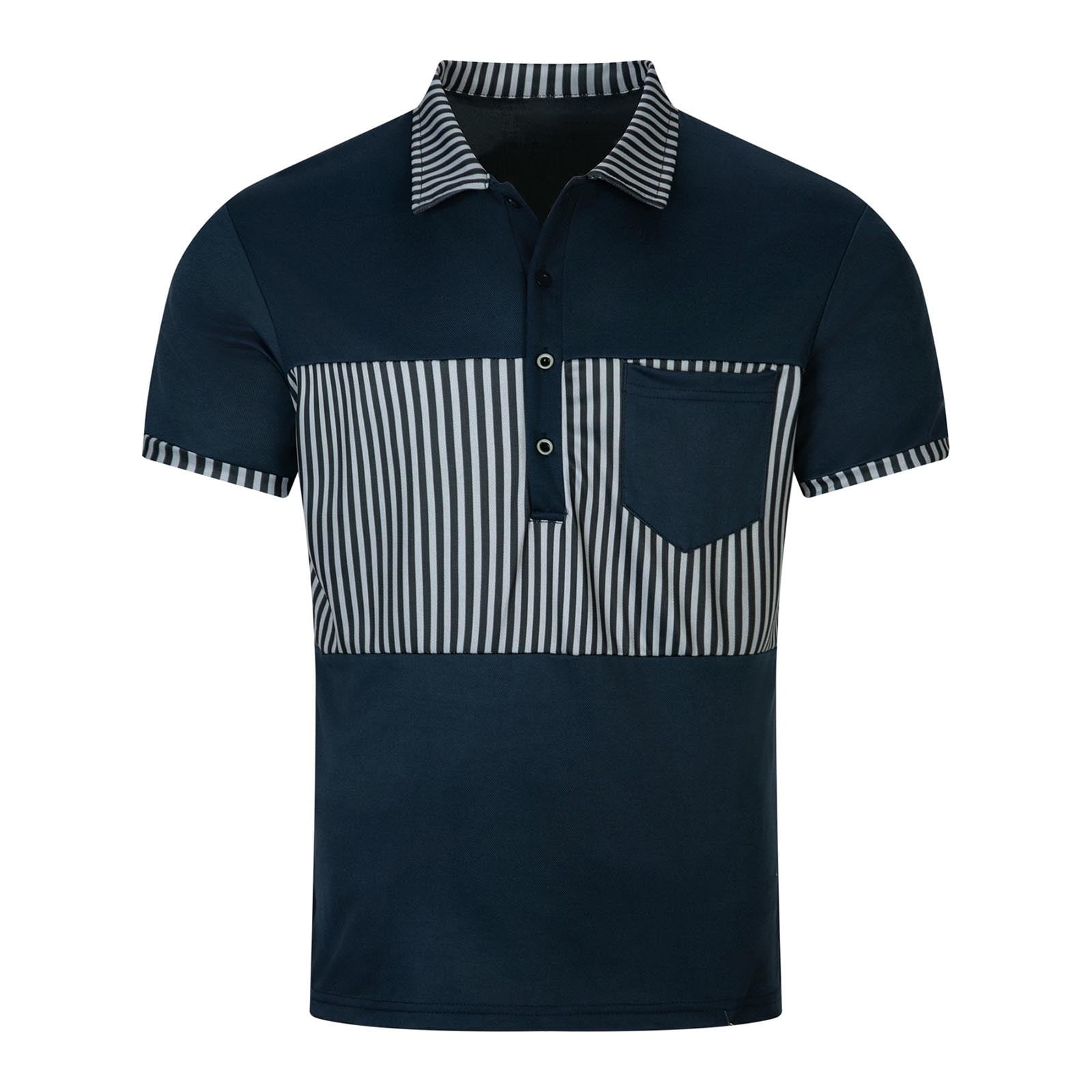 Men Polo Shirt Spring Summer Chest Pocket Lapel Buttons Striped Color ...