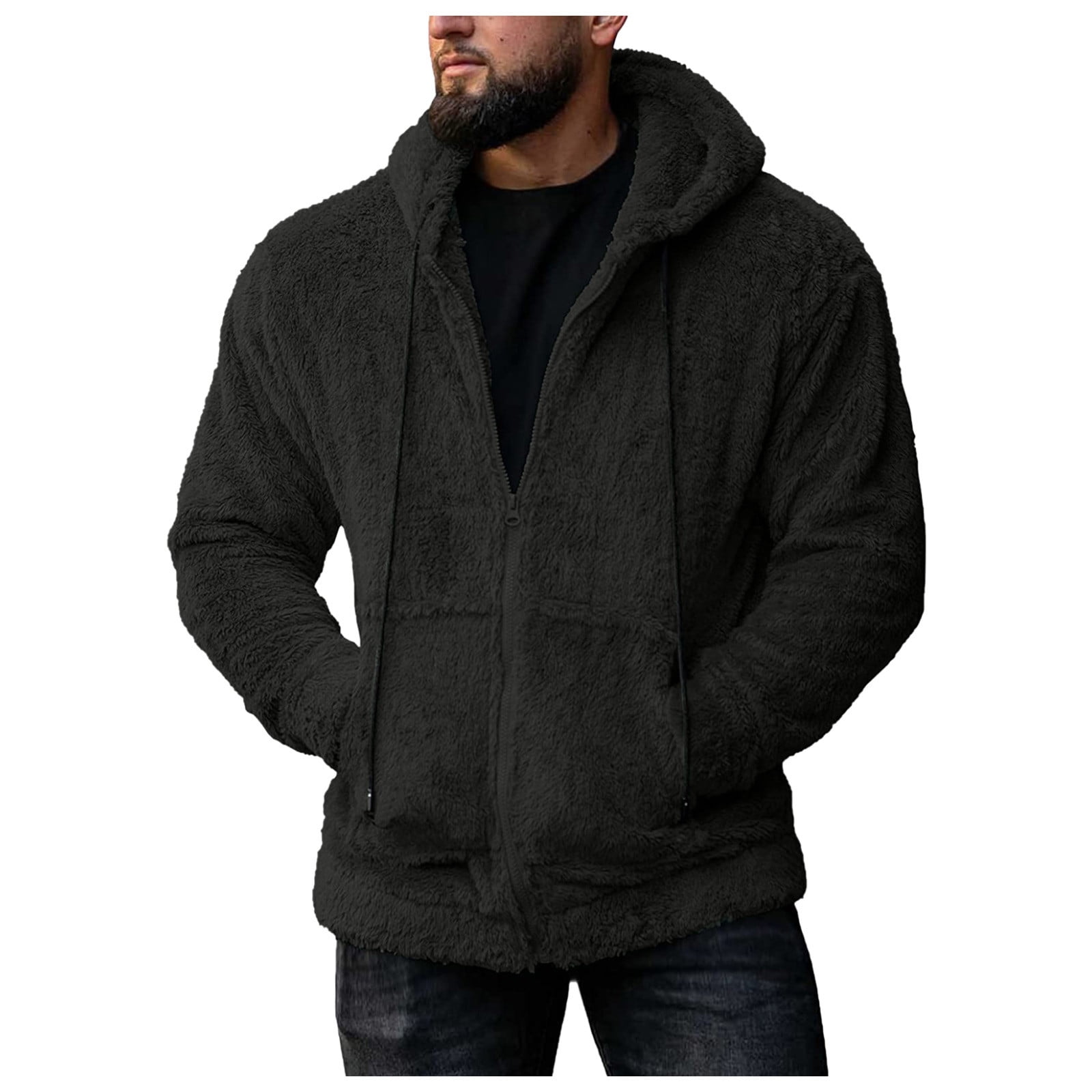 Men Pullover Hoodie Zip Cord Jacket Men Fleece Sweatshirt Hooded Winter ...