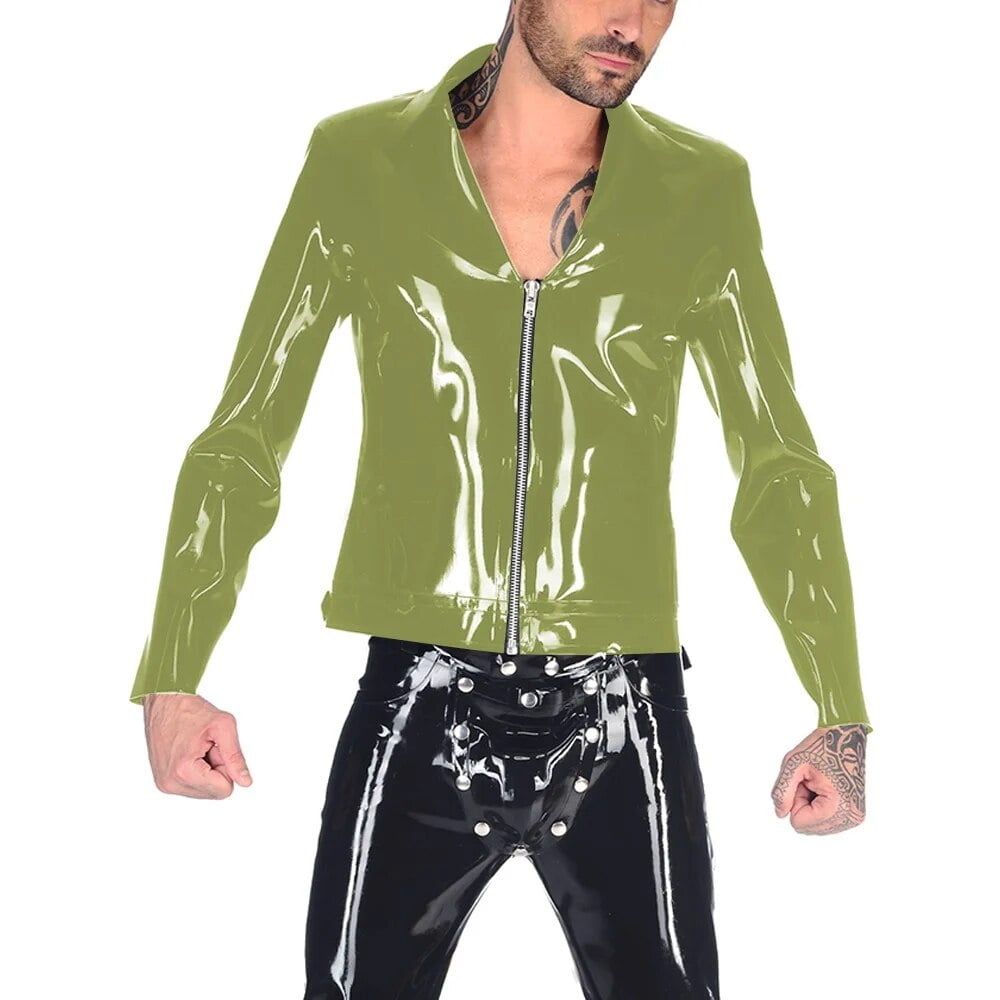 Men Punk Lapel Neck Long Sleeve PVC Shiny Leather Jackets Male Moto ...