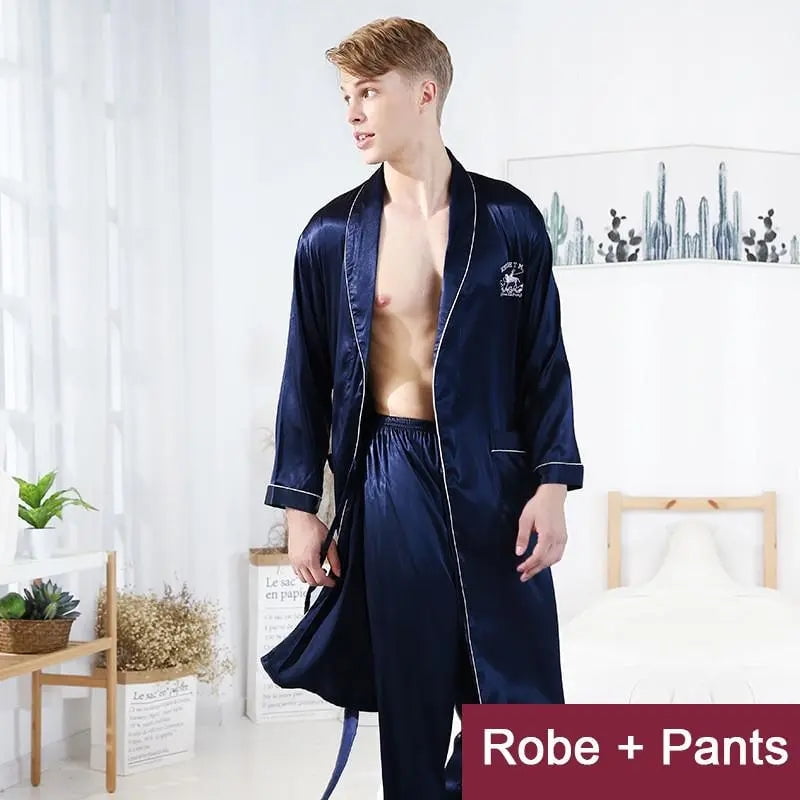 Men Robe Set Satin Loose Kimono Bathrobe Gown Sexy Long Sleeve Autumn ...