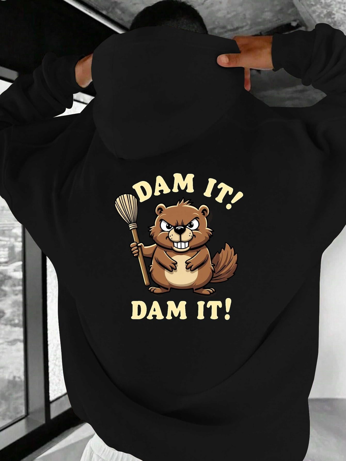 Men'S Big & Tall Angry Beaver Graphic Hooded Sweatshirt - Black Relaxed ...
