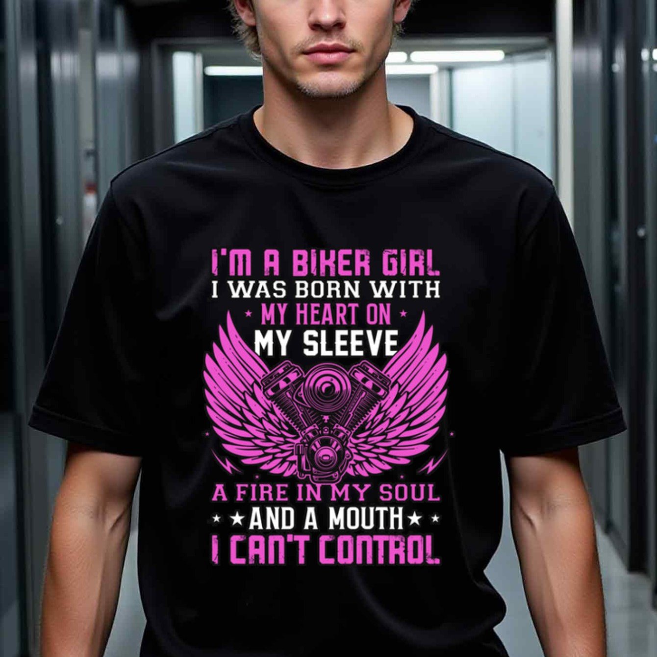 Men'S Bold Biker Graphic Thirt - I'm a Biker Girl with Pink Wings ...