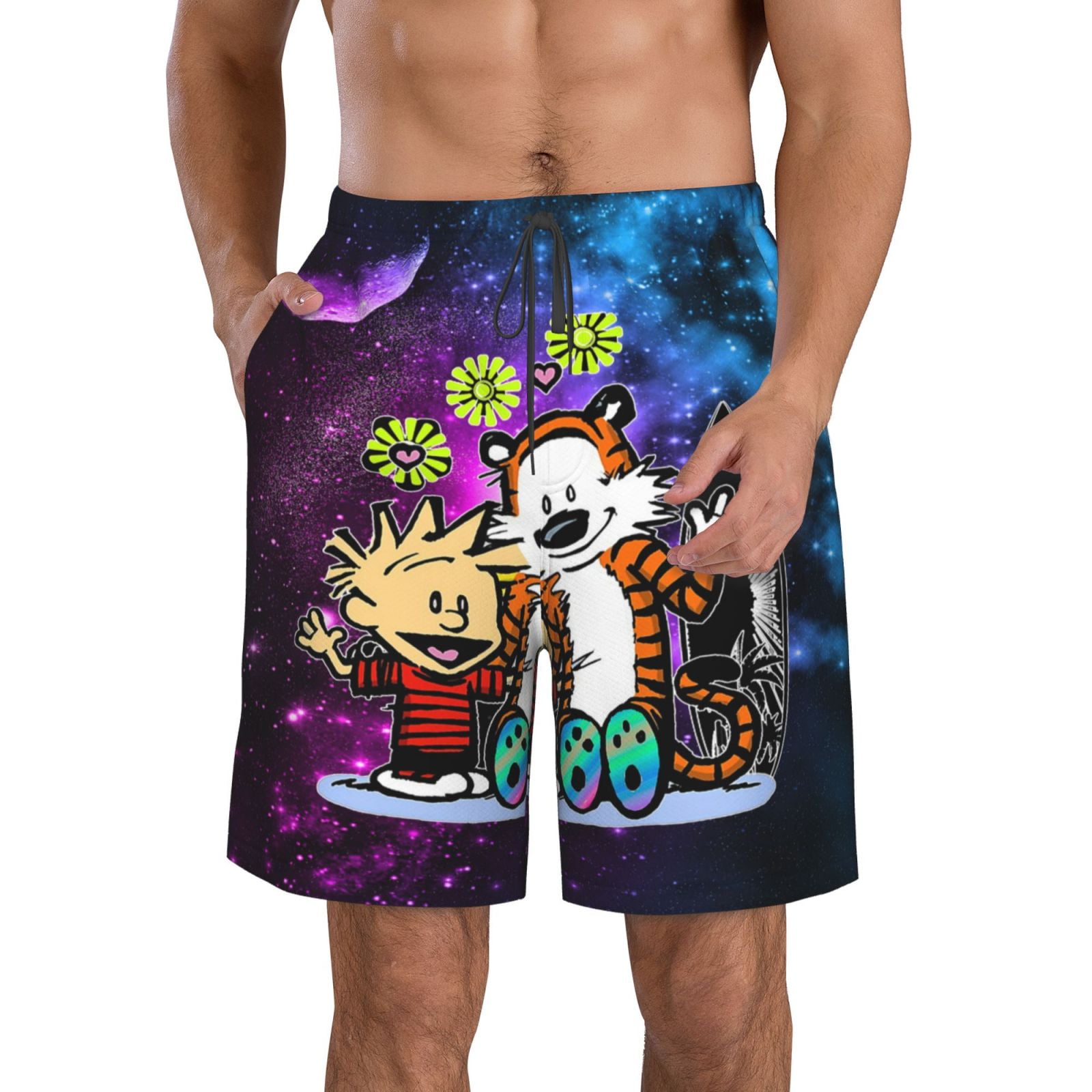 Men'S Calvin And Hobbe Board Shorts 3d Graphic Swim Trunks Colorful Novelty Swimwear With ...