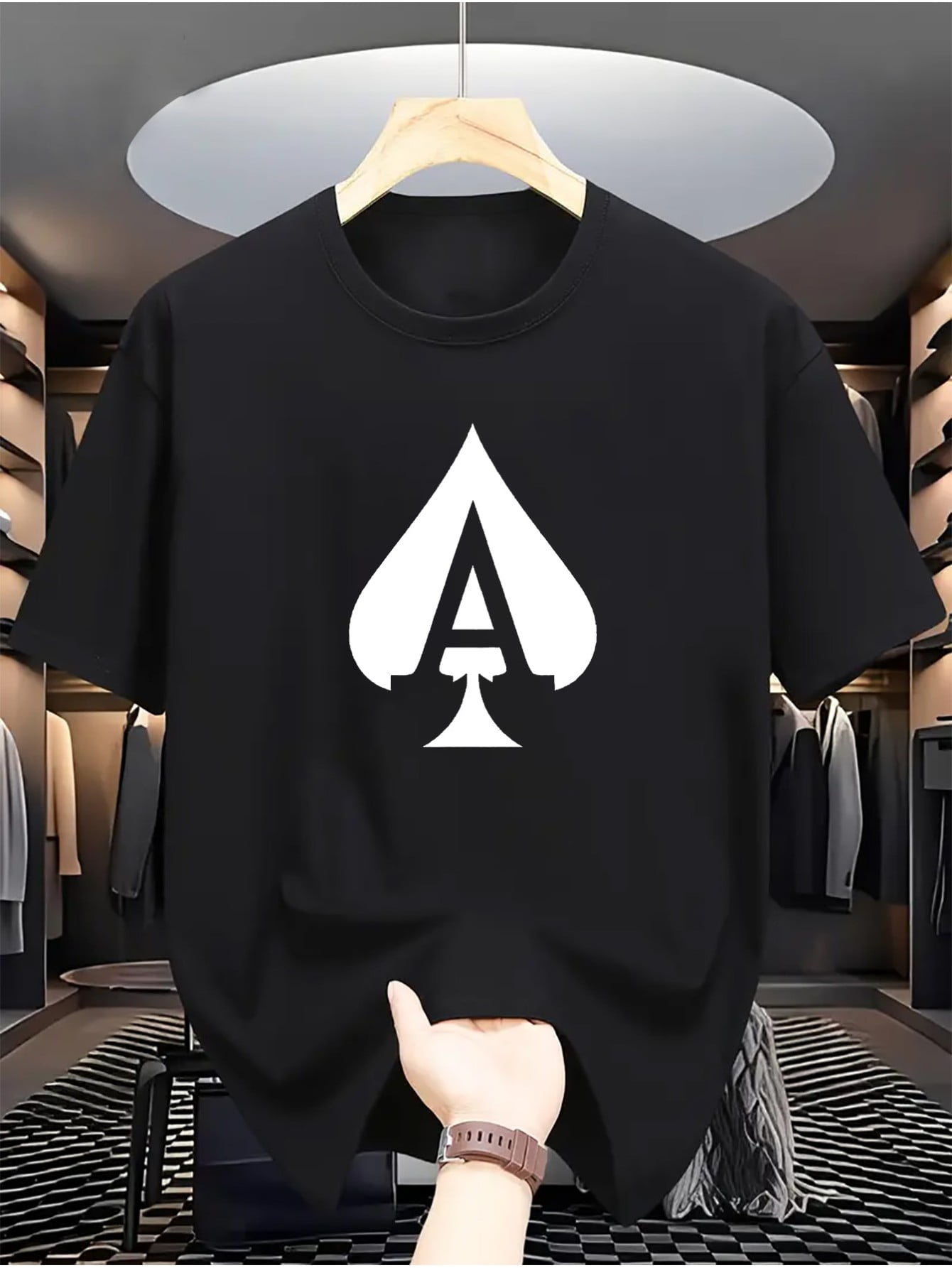 Men'S Casual Crew Neck T-Shirt with "A" Ace of Spades Print, 100% Cotton Knit Fabric, Slight ...
