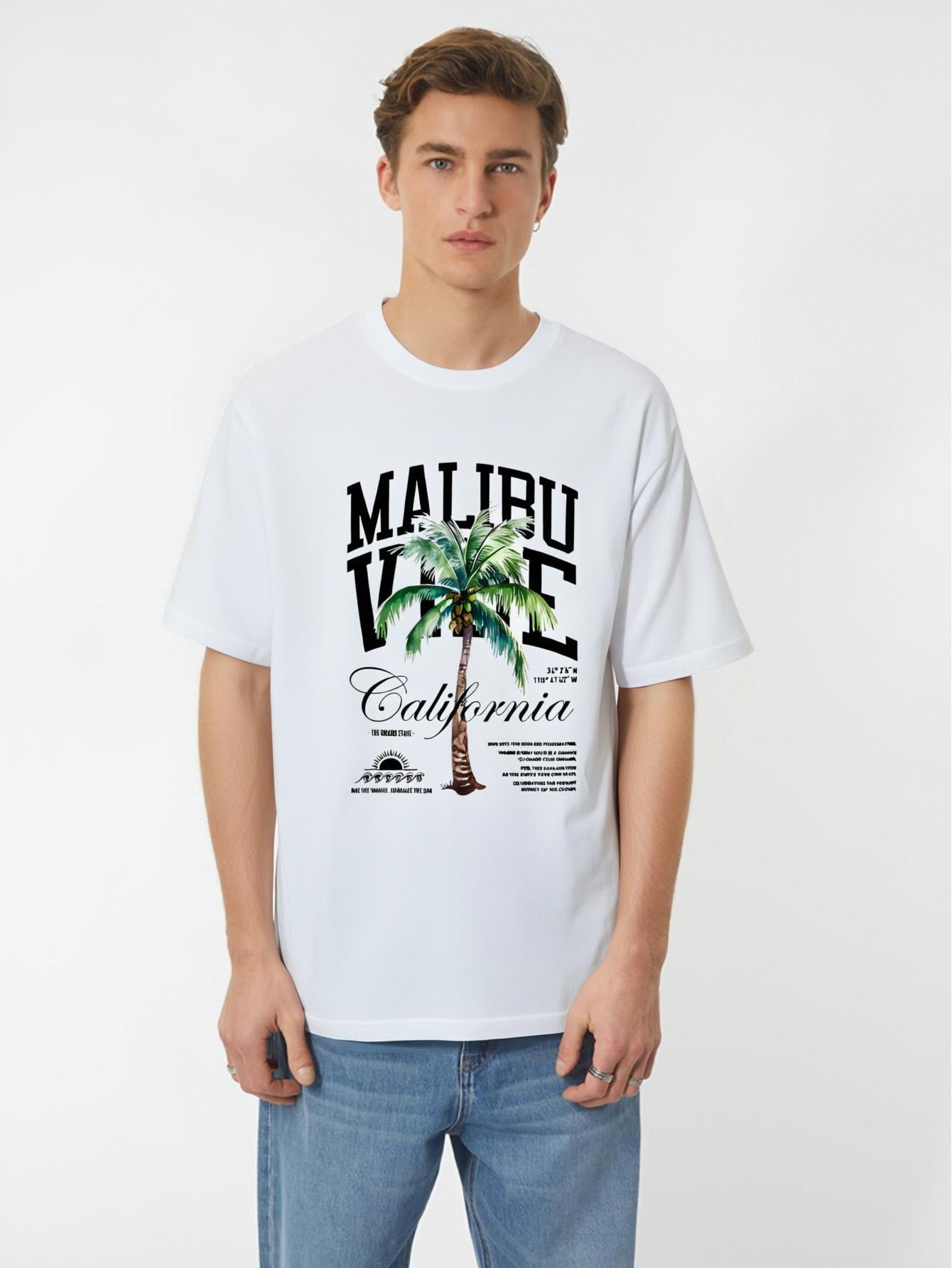 Men'S Casual Crew Neck T-Shirt with Malibu California Palm Tree Print, Slight Stretch, Regular ...