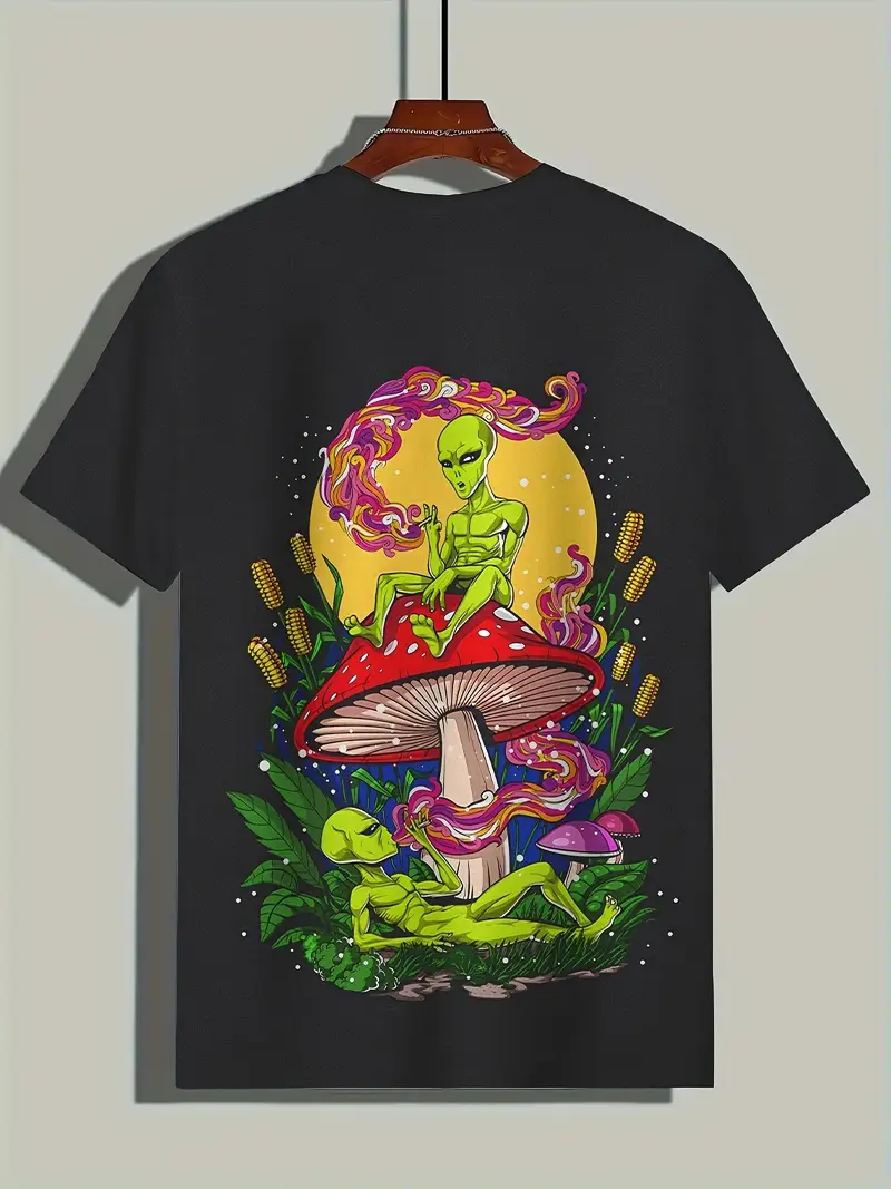Men'S Casual Fashion T-Shirt, Geometric Alien and Mushroom Print ...