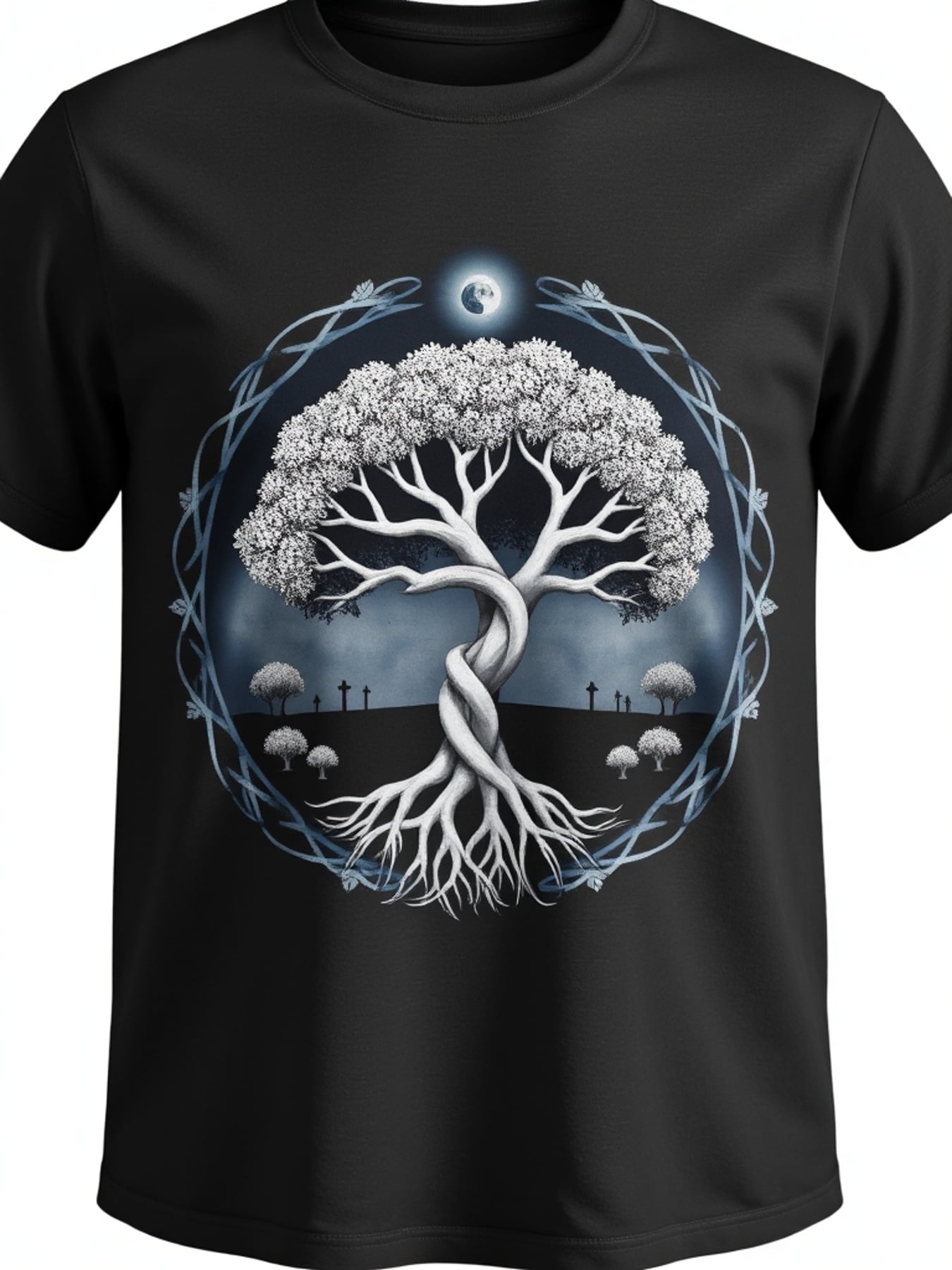 Men'S Classic Black T-Shirt with White Tree of Life & Moon Graphic ...