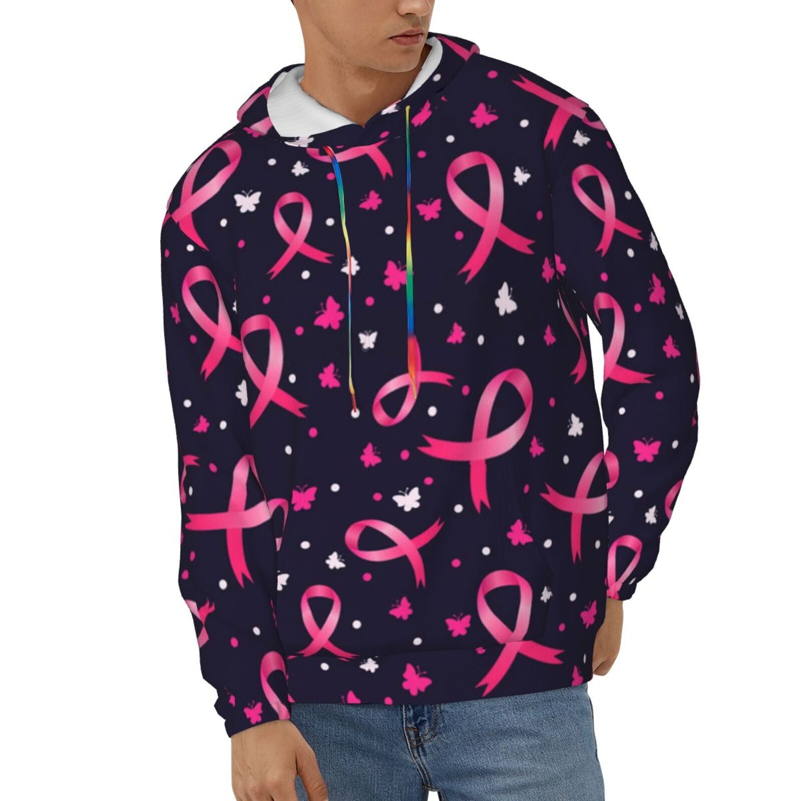 Men'S Fleece Hoodies Breast Cancer Awareness Pink Ribbon Hooded Warm ...