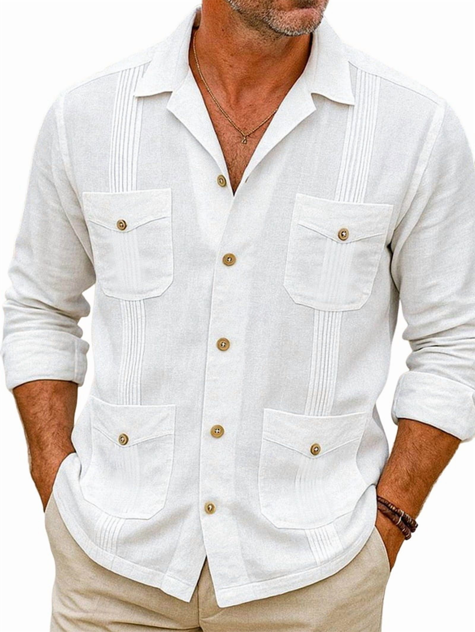 Men'S Four-Pocket Long Sleeve Guayabera Shirt, Pintuck Detail, Relaxed ...