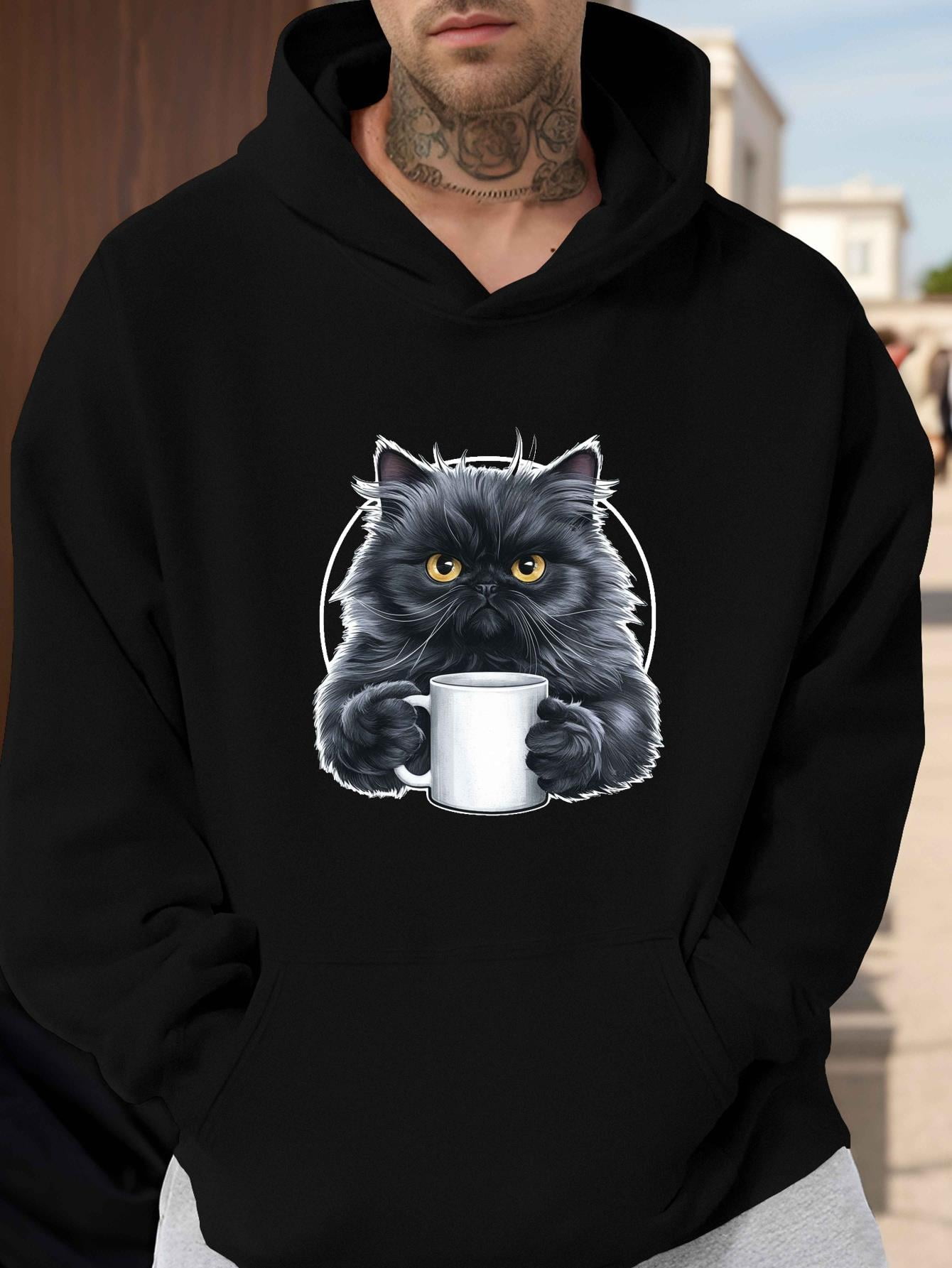 Men'S Heavyweight Hoodie - Grumpy Black Cat Graphic Sweatshirt, Loose ...