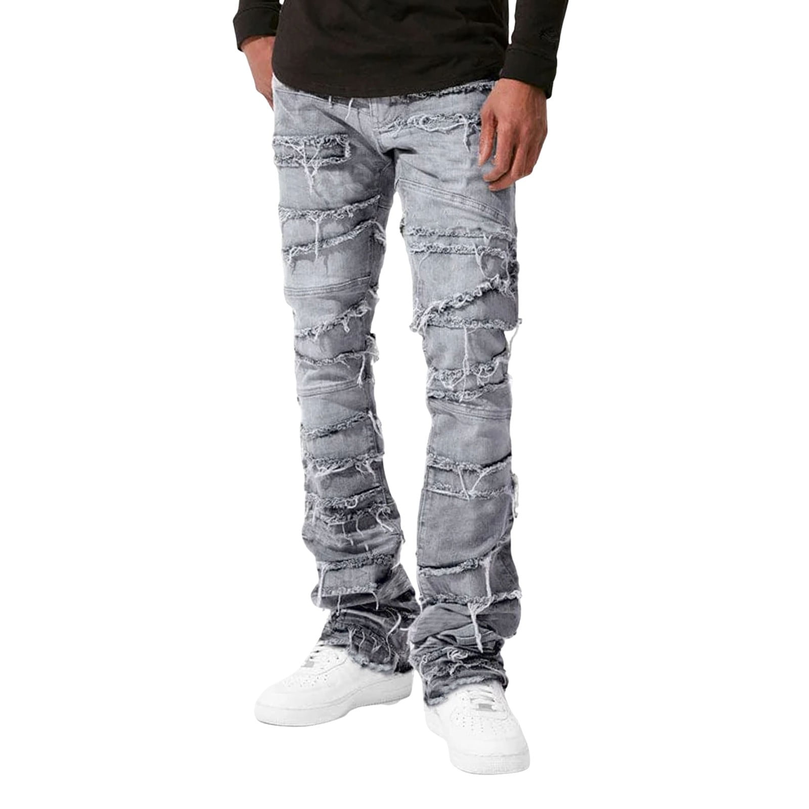 Men’S Jeans Men Stretch Fit Skinny Stacked Ripped Jeans Slim Fit Patch ...