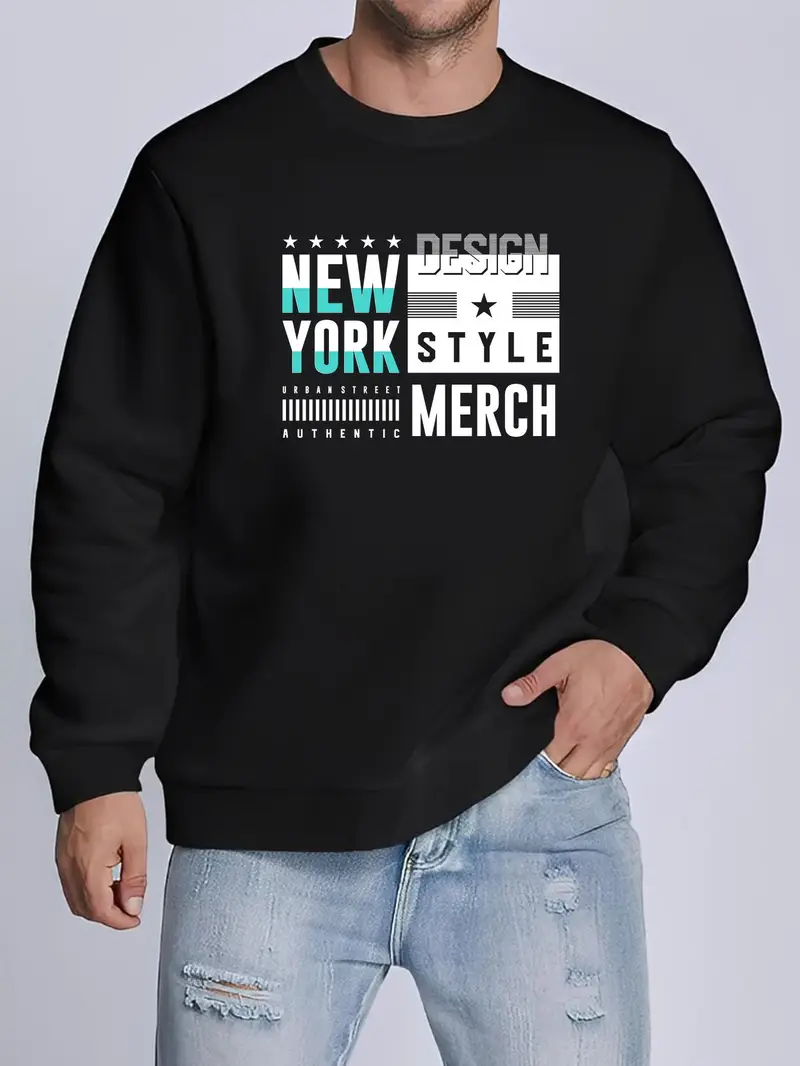 Men'S New York Style Black Hooded Sweatshirt with Genuine Merch Print ...