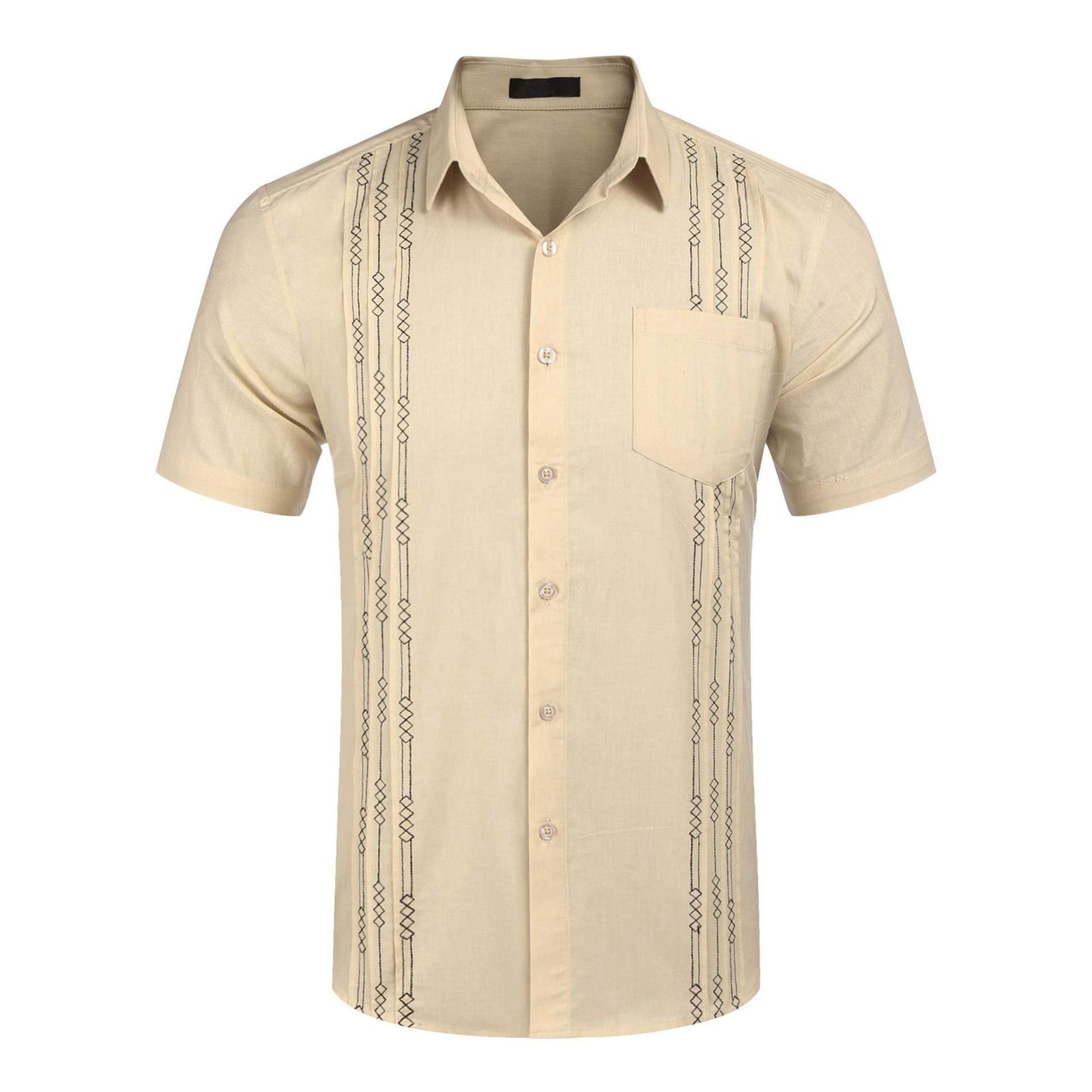 Men'S Shirts Short Sleeve Linen Shirt Cuban Beach Tops Pocket Guayabera ...
