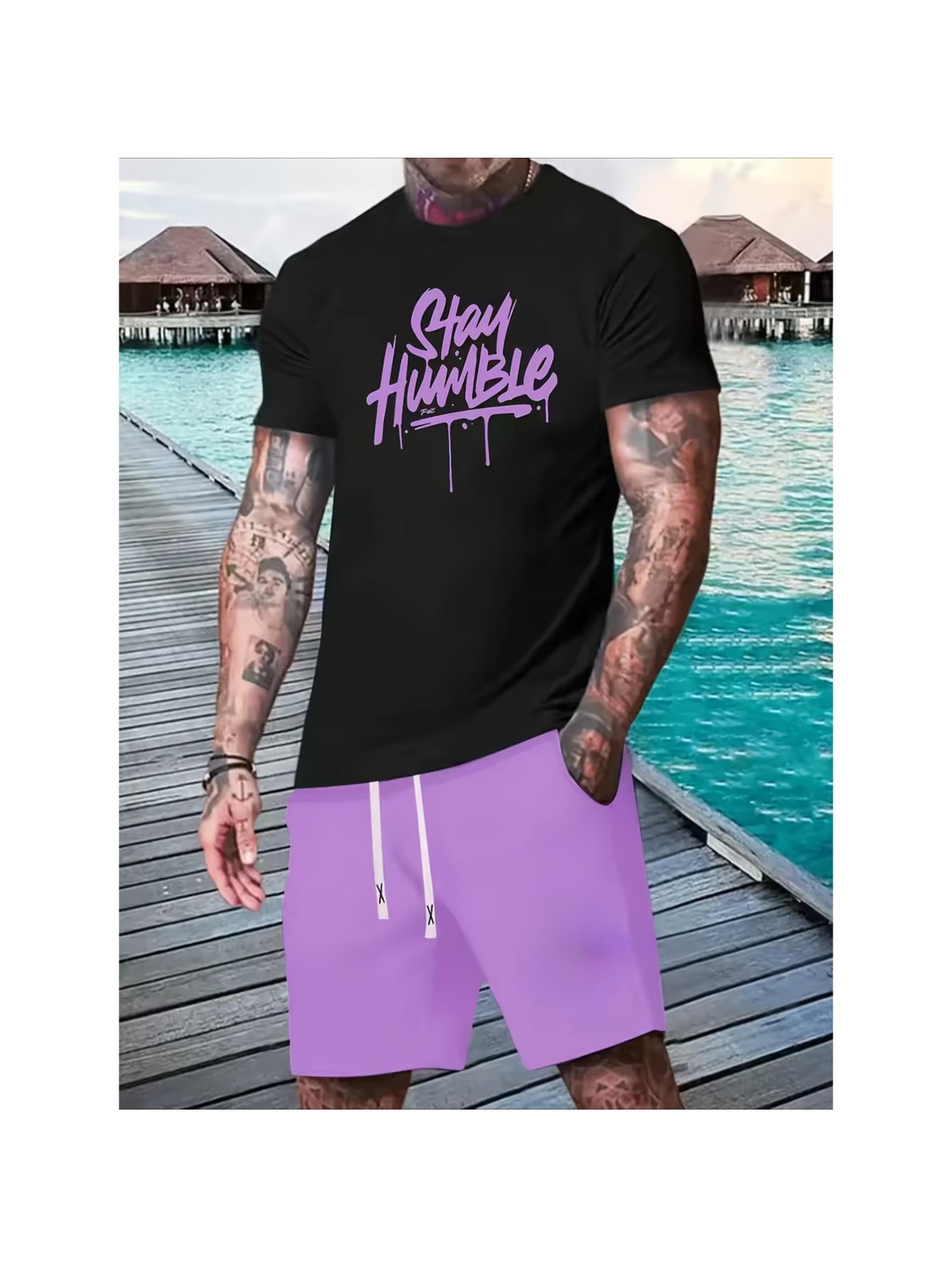 Men'S "Stay Humble" Pattern Pure Cotton T-Shirt, Black with Purple Drip Design, Suitable for Men ...
