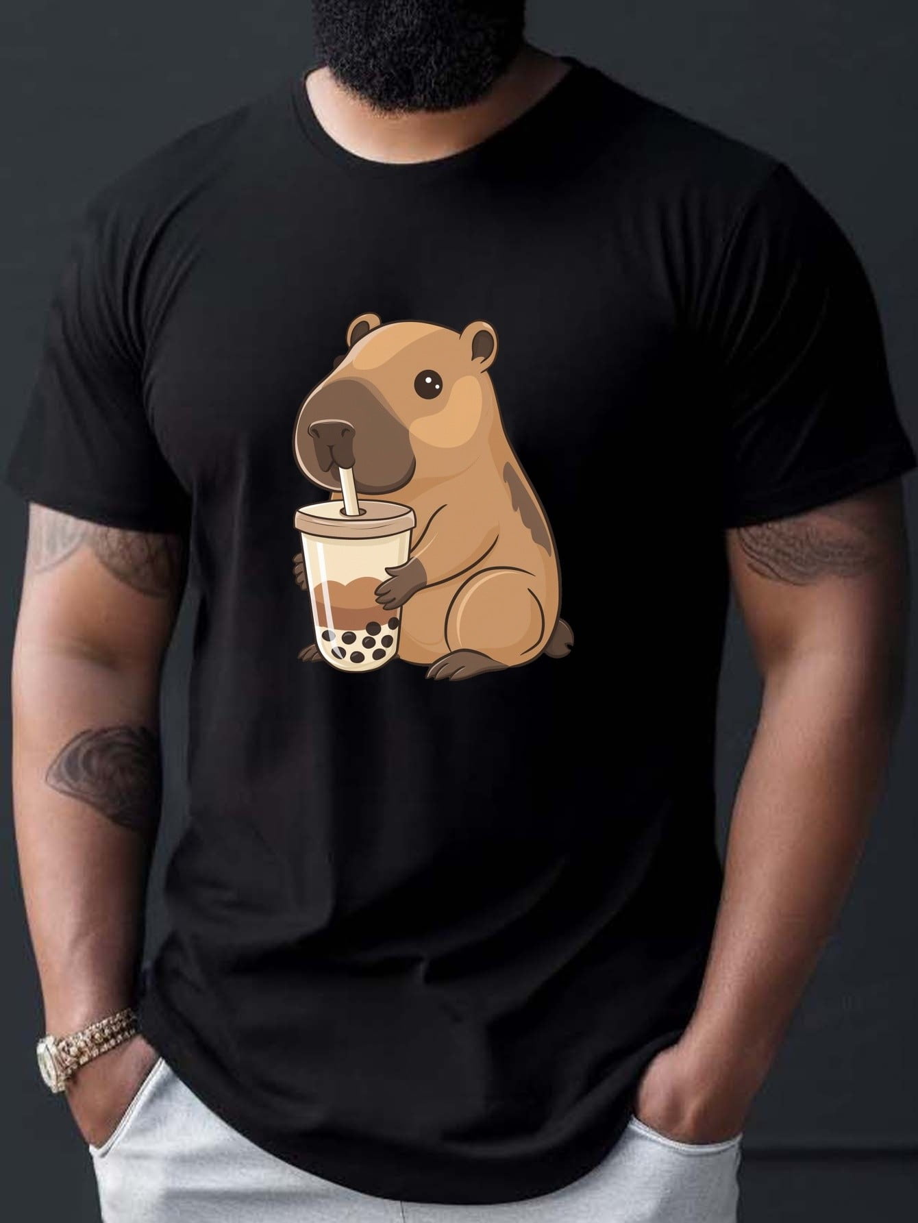 Men'S Summer Casual Crew Neck T-Shirt with Cute Capybara Drinking Milk ...