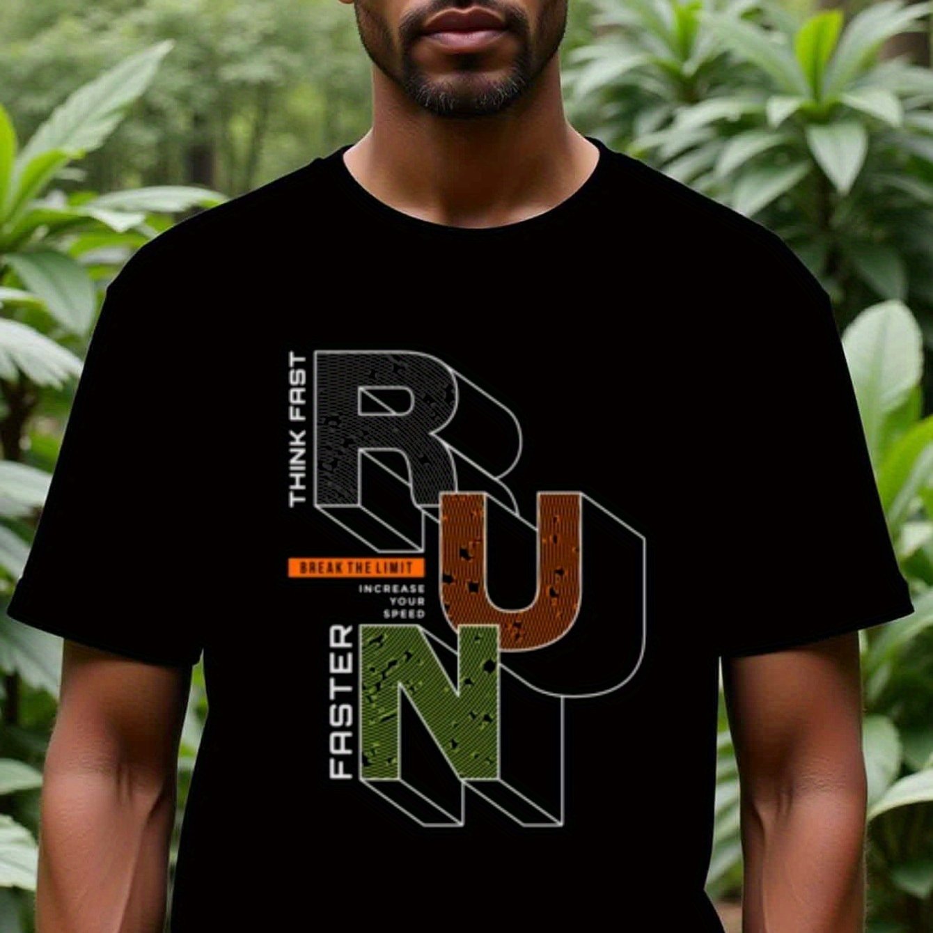 Men'S "Think Fast, Run Faster" Graphic T-Shirt - Black with Bold Orange ...