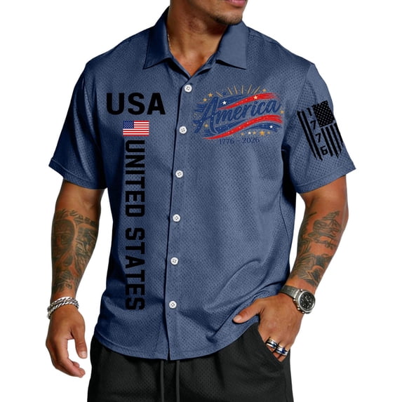 Men'S USA 1776-2026 Patriotic Print Button Down Shirt Short Sleeve ...