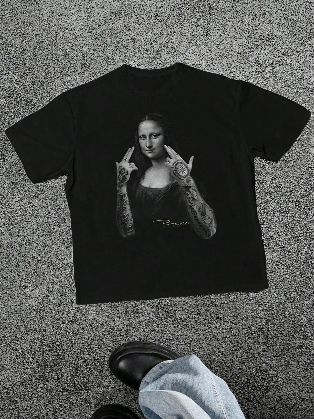 Men'S Vintage Streetwear-Shirt with Edgy Mona Lisa Graphic Print- Black Crew Neck Short Sleeve ...