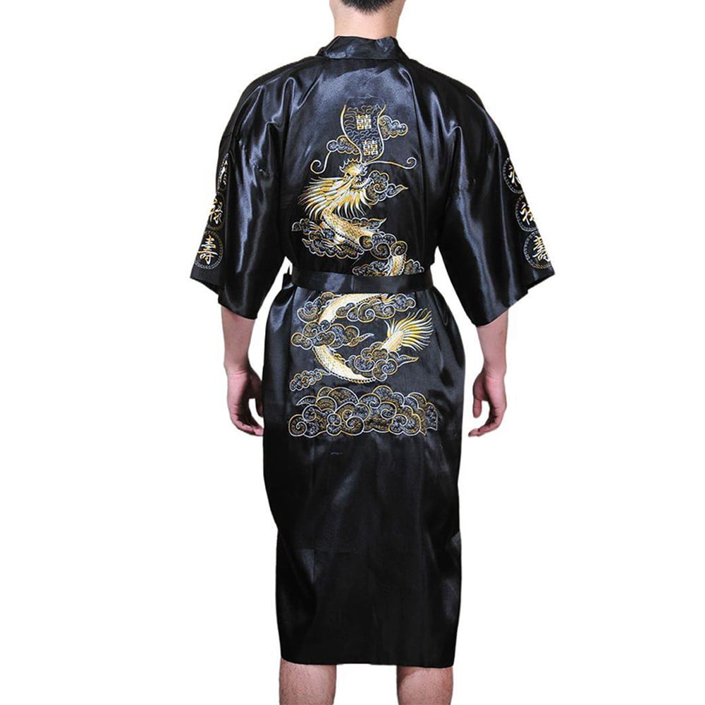 Men Satin Chinese Dragon Kimono Silk Bathrobe Pajamas Sleepwear Gown ...