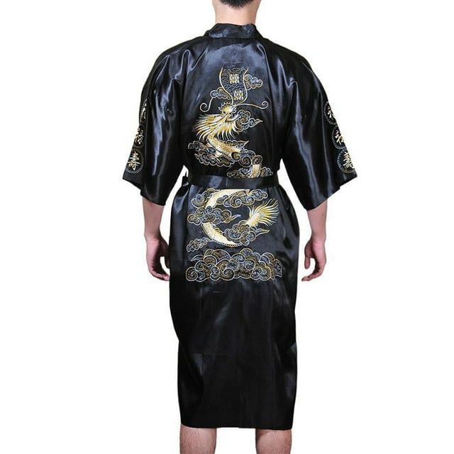Men Satin Chinese Dragon Kimono Silk Bathrobe Pajamas Sleepwear Gown ...