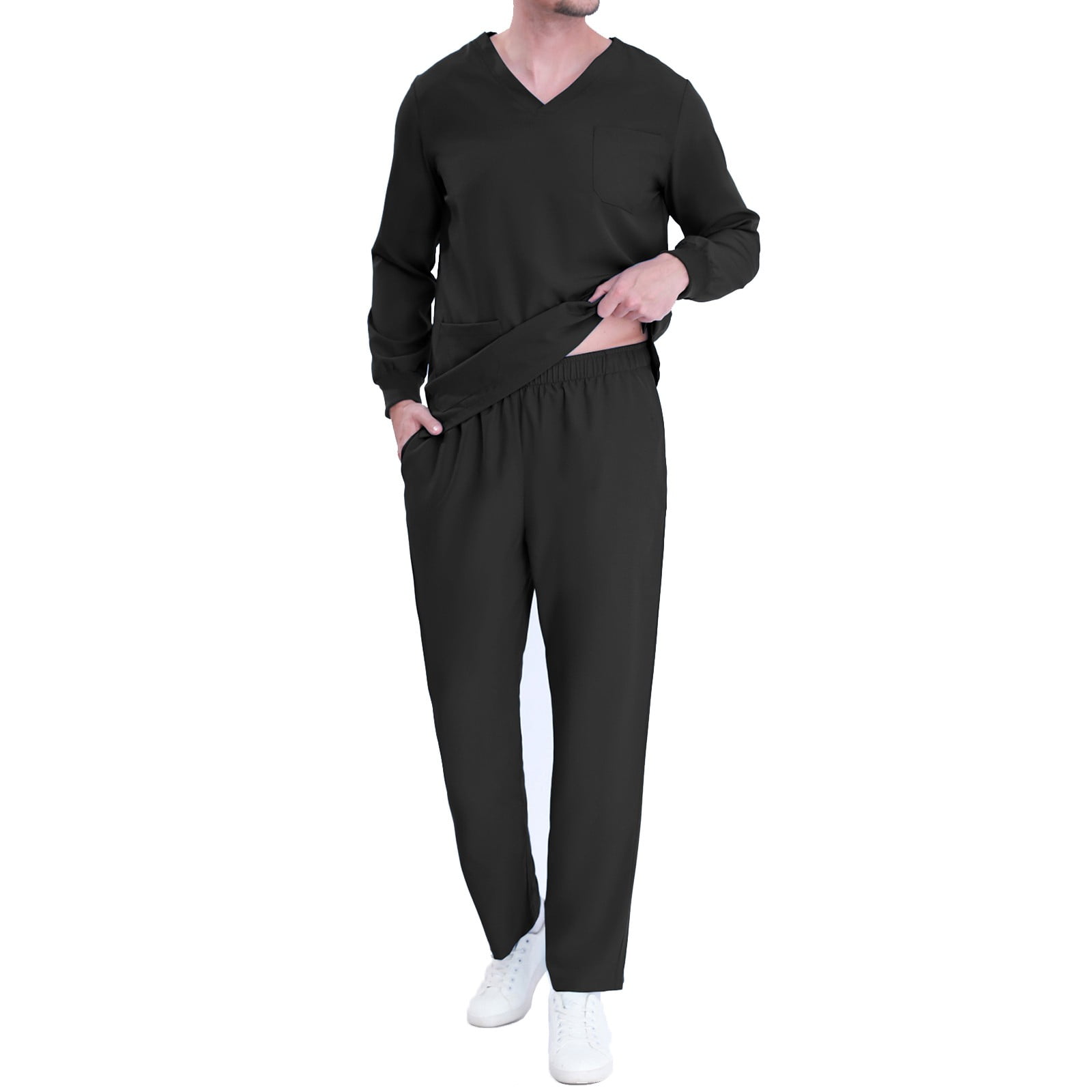 Men Scrubs Set Classic Long Sleeve V-Neck Scrub Top Jogger Pant Stretch ...