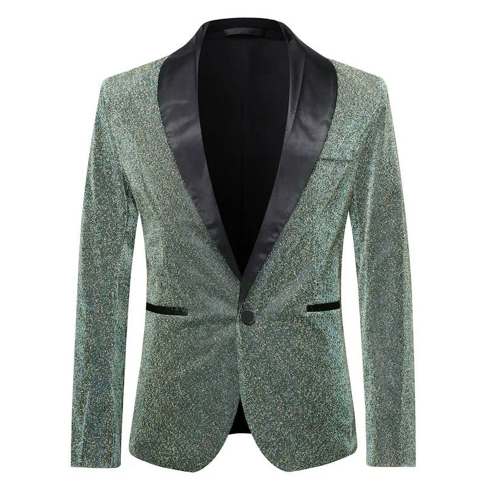 Men Shawl Lapel Blazer Slim Fit One Button Shiny Blue Glitter Suit ...