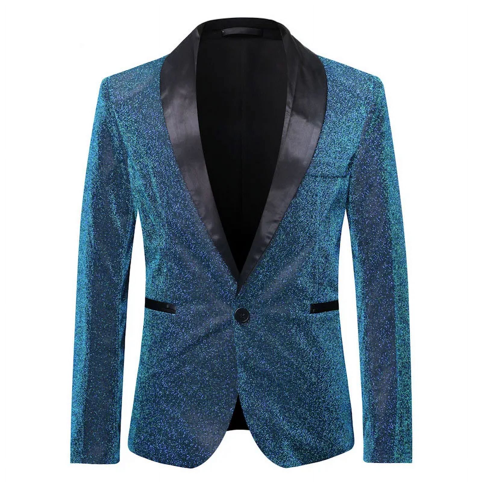 Men Shawl Lapel Blazer Slim Fit One Button Shiny Blue Glitter Suit ...
