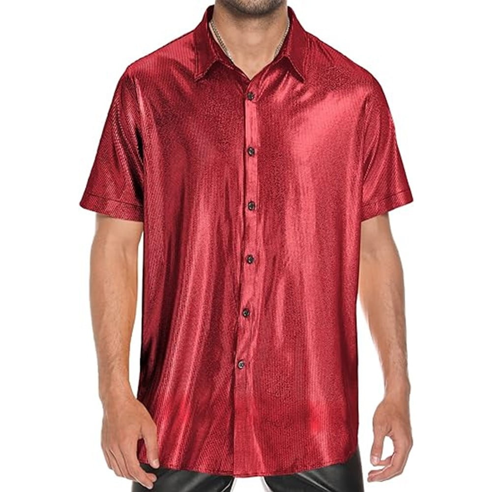 Men Shiny Lapel Shirts Short Sleeve Casual Blouse Button Down Top 70s Disco Tee - Walmart.com