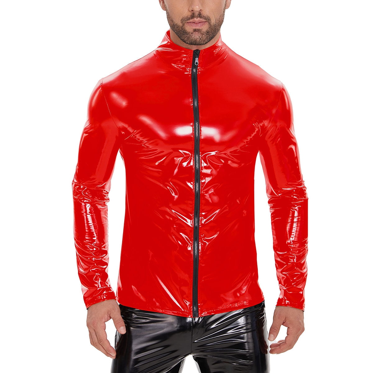 Men Shiny PVC Leather Shirt, Long Sleeve, Full Zipper, Male Glossy ...
