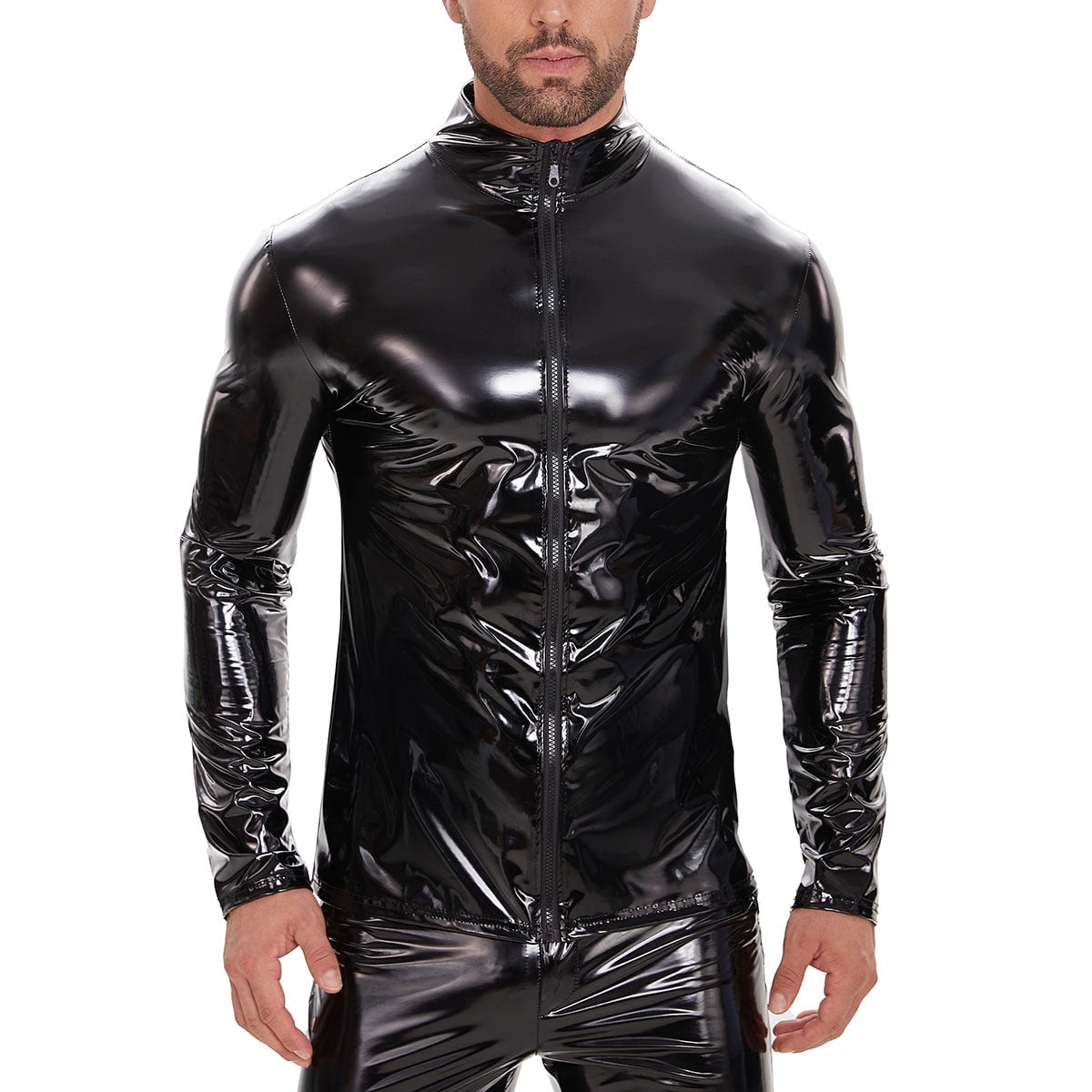 Men Shiny PVC Leather Shirt, Long Sleeve, Full Zipper, Male Glossy ...