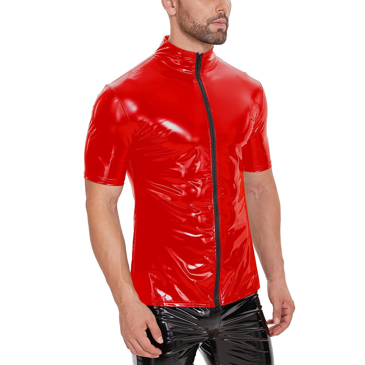 Men Shiny PVC Leather Shirt, Short Sleeve, Full Zipper, Male Glossy ...