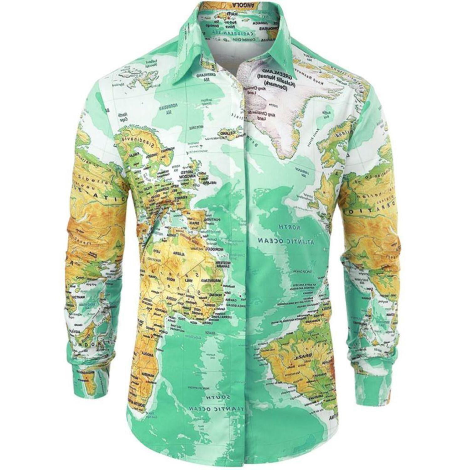 Men Shirt World Map Print HiddenG Button Slim Fit Shirts - Walmart.com