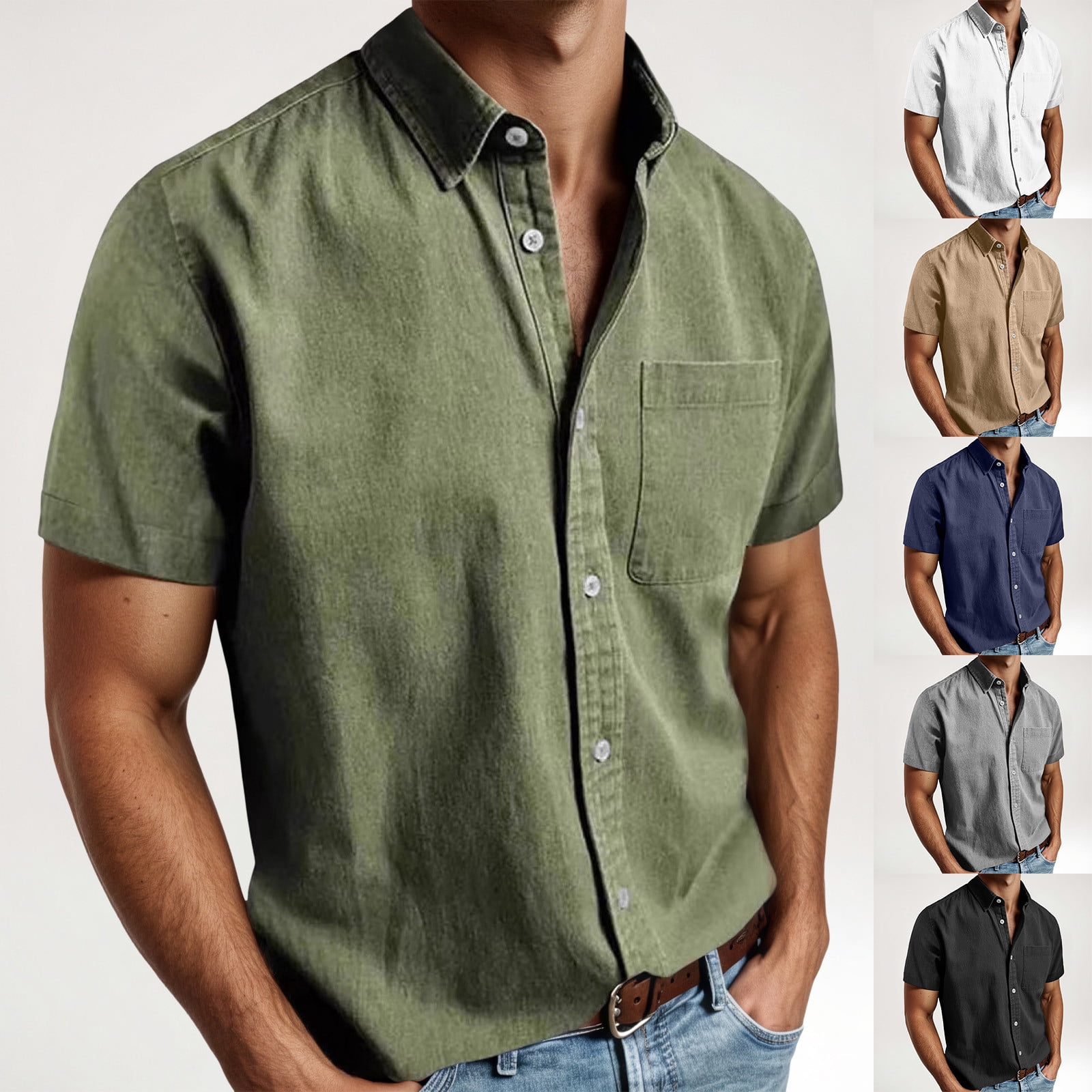 Men Shirts Casual Plus Size Casual Short Sleeve Solid Color Button Down ...