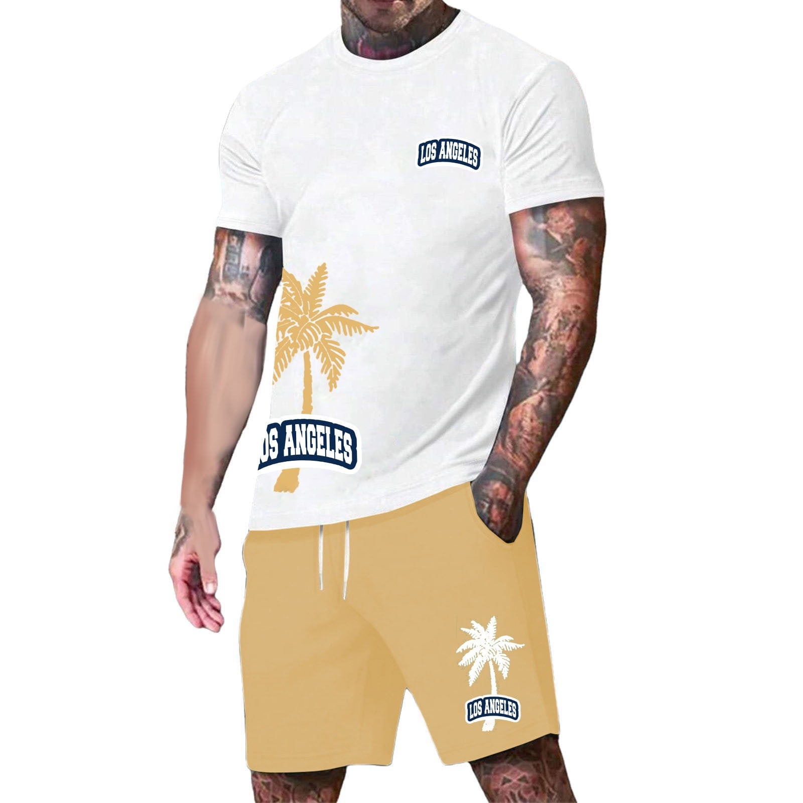 Men Short Sets Outfits Color Solid Streetwear Short Sleeve Set Regular ...