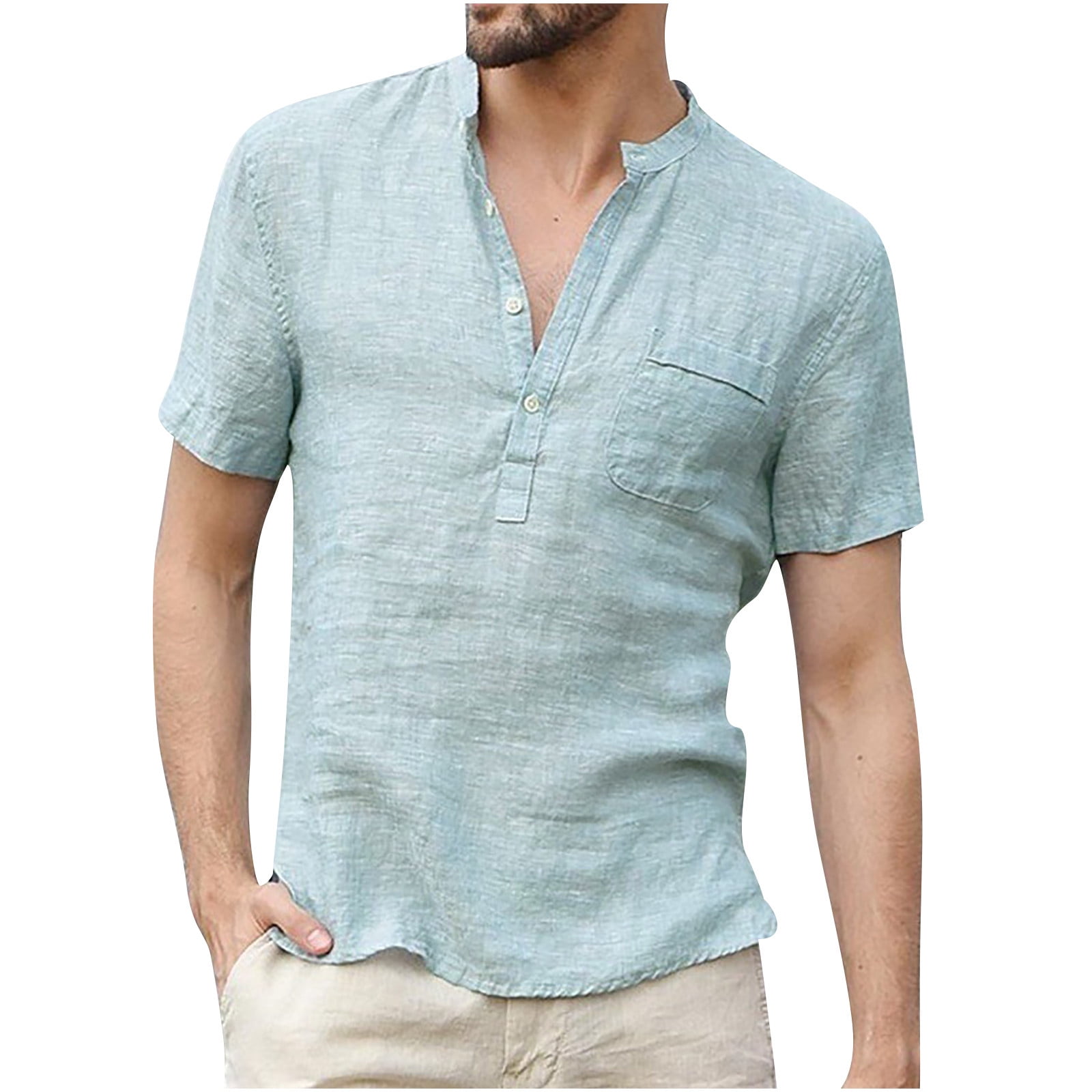 Men Short Sleeve Henley Shirt with Pocket Linen Button Up Stand Collar Summer Holiday Beach ...